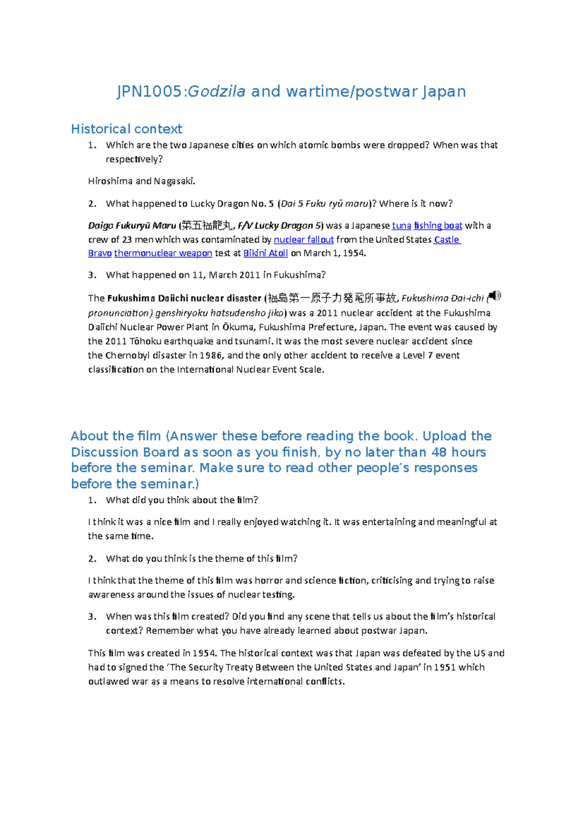 Godzilla Lecture Notes - JPN1005: Godzila and wartime/postwar Japan ...