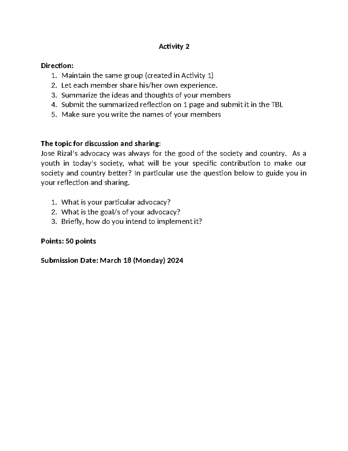 Activity 2 - act 2 - Activity 2 Direction: Maintain the same group ...