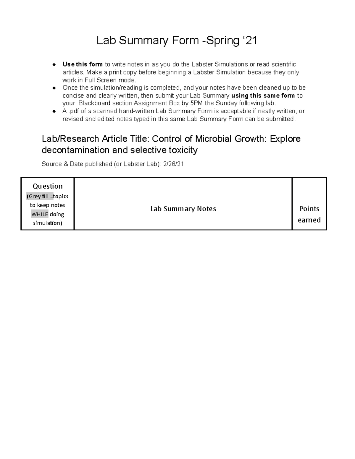 Lab Summary Form - Control of Microbial Growth - Studocu