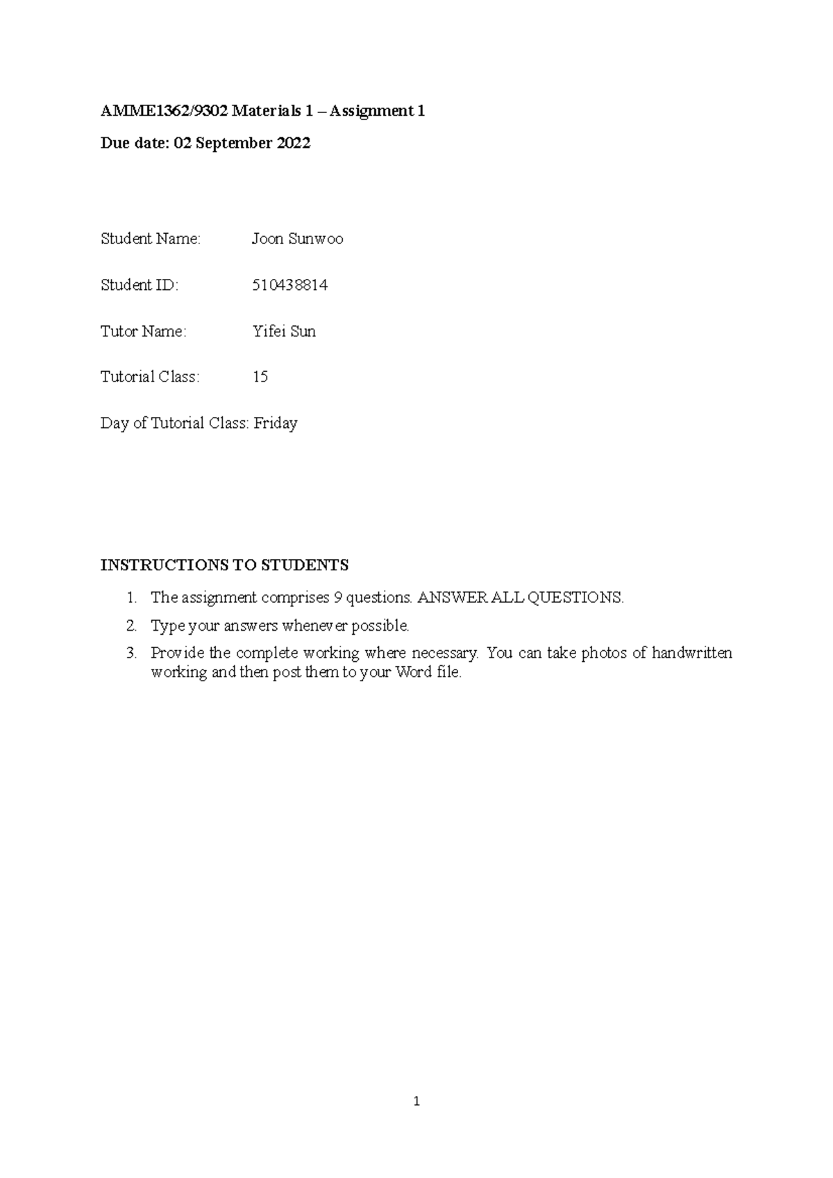 Materials assignment 1 - AMME1362/9302 Materials 1 – Assignment 1 Due ...