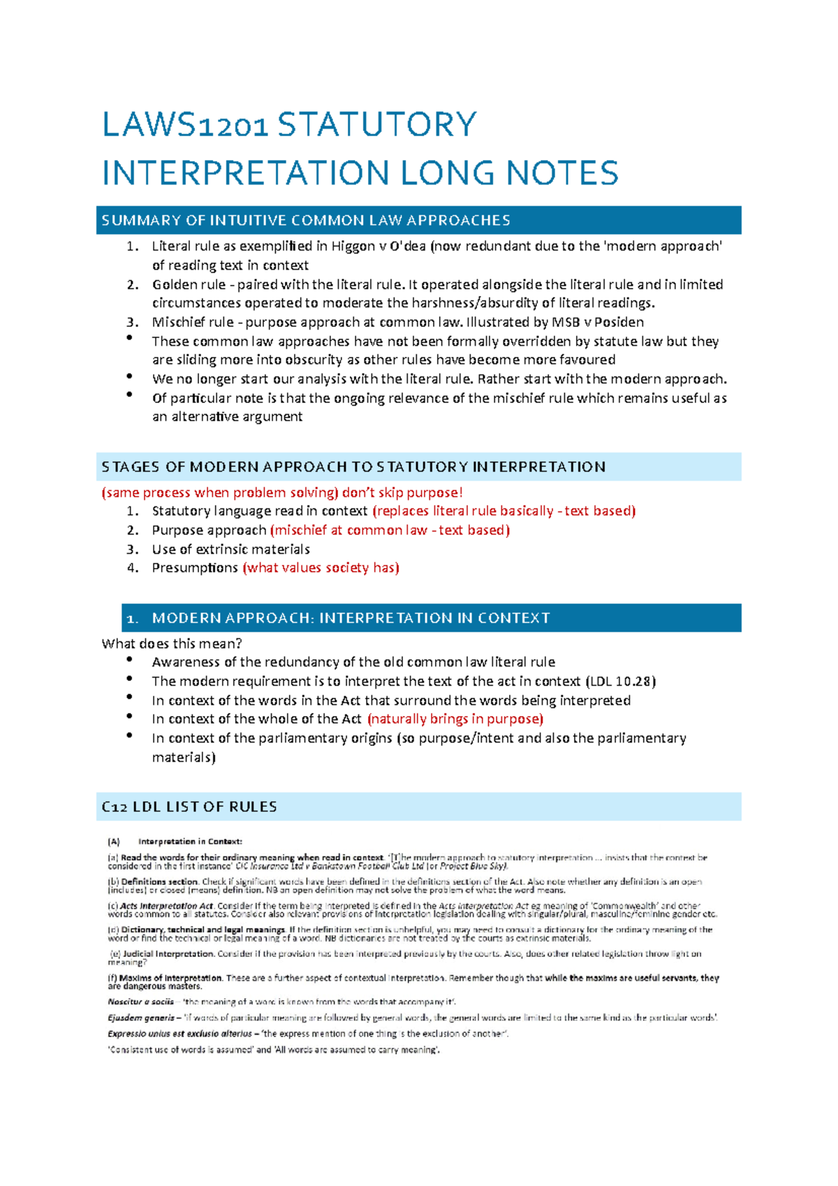 LAWS1201 Statutory interpretation long notes - LAWS1201 STATUTORY ...