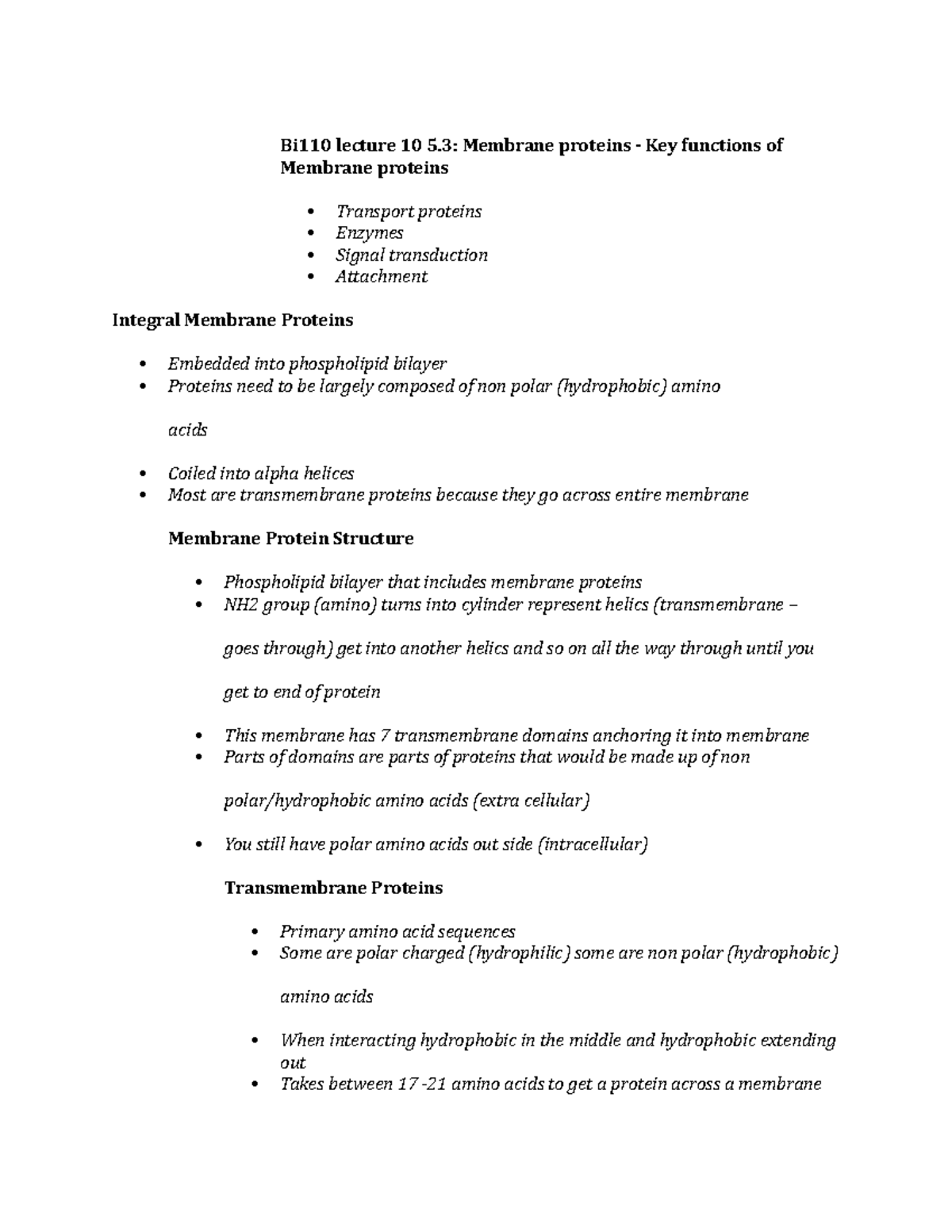 Bi110 lecture 10 5 - business notes - Bi110 lecture 10 5: Membrane ...