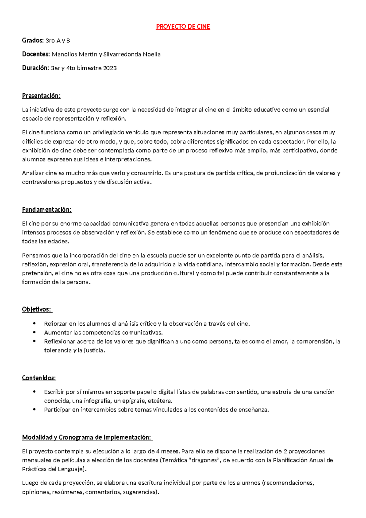 Proyecto DE CINE - PROYECTO DE CINE Grados: 3ro A y B Docentes ...