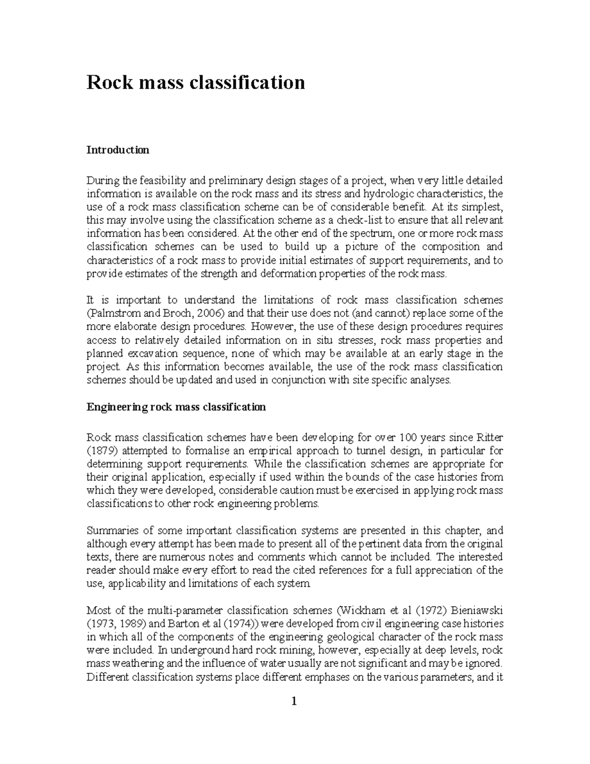Chapter-7-Rock Mass Classification - Introduction During the ...