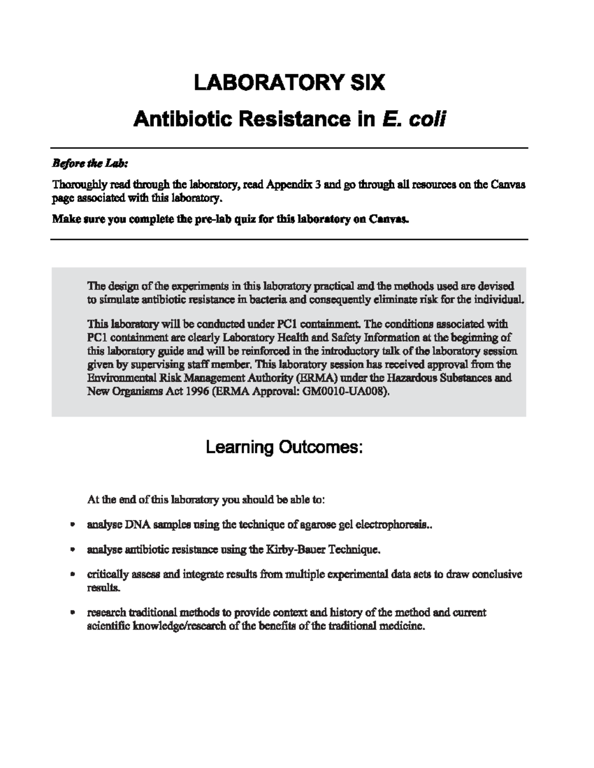 Biosci 106 Lab Guide - Lab 6 - LABORATORY SIX Antibiotic Resistance in E. coli Before the Lab ...