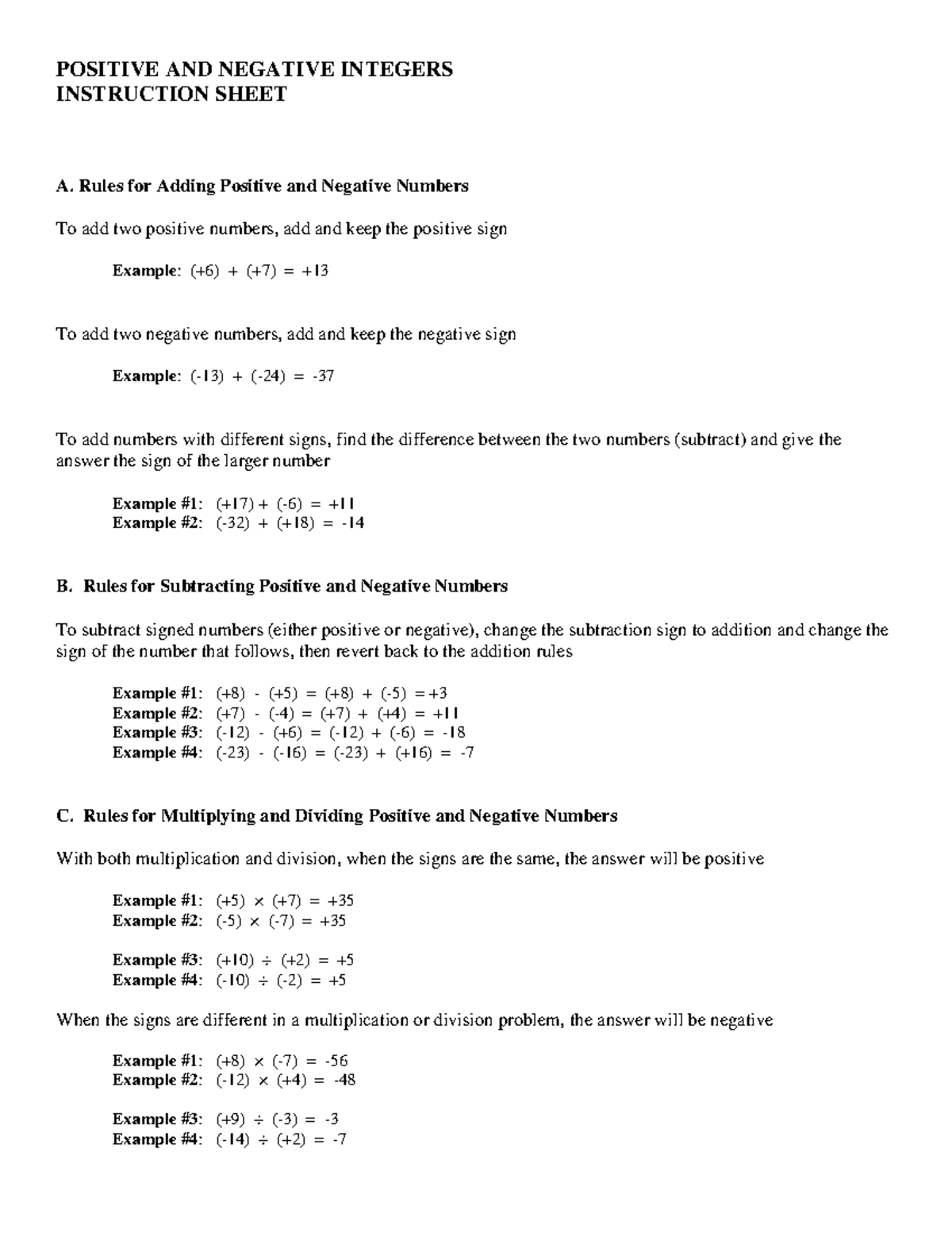 Math Integers - To help students - POSITIVE AND NEGATIVE INTEGERS ...