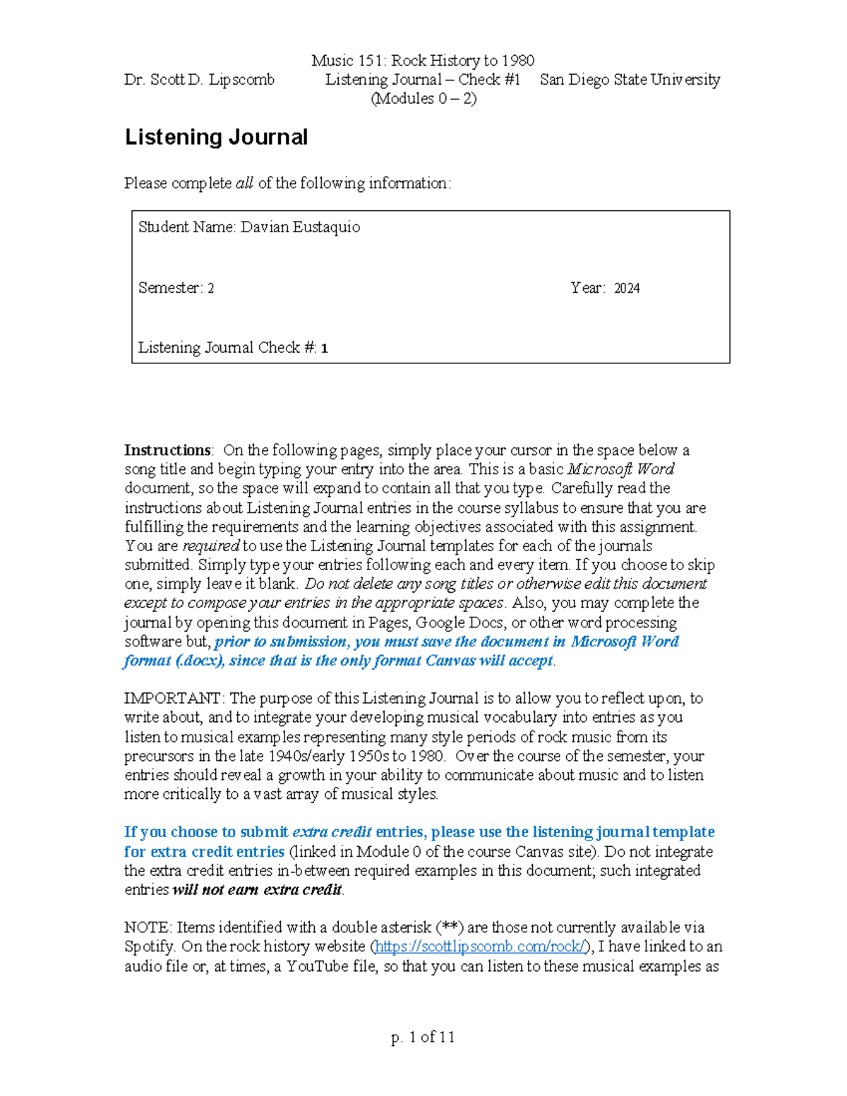 Listening Journal 1 - Dr. Scott D. Lipscomb Listening Journal – Check ...