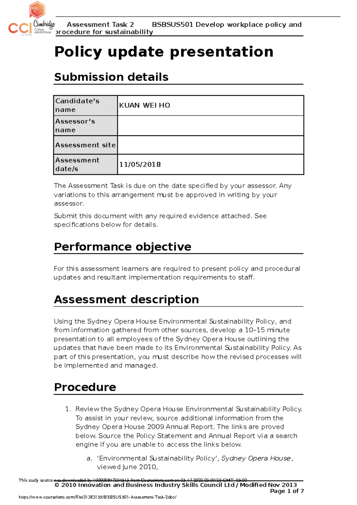 Bsbsus 501 Assessment Task 2 - procedure for sustainability Policy ...