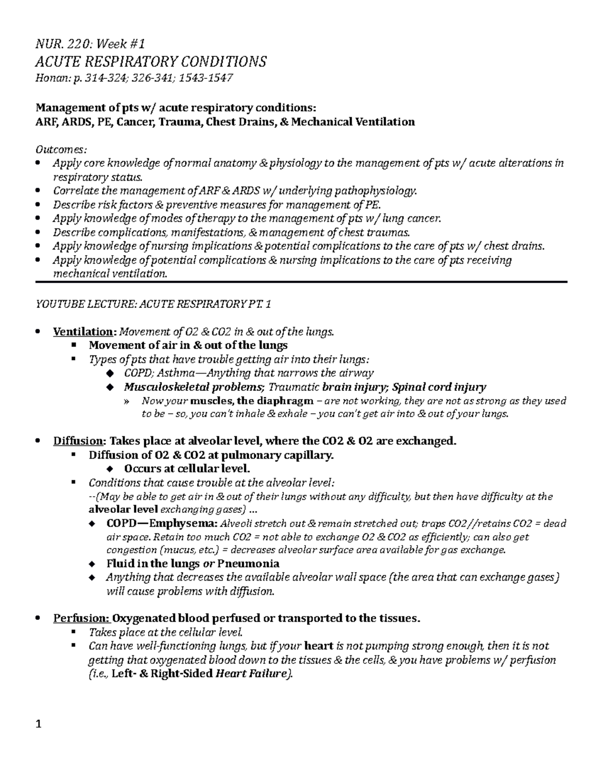 Acute RESP. Notes Pt. 1 - NUR. 220: Week ACUTE RESPIRATORY CONDITIONS ...