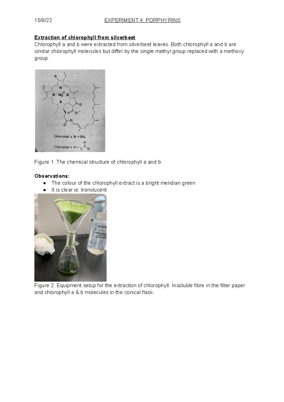 Porphyrins Logbook - Extraction of chlorophyll from silverbeet Chlorophyll a and b were ...
