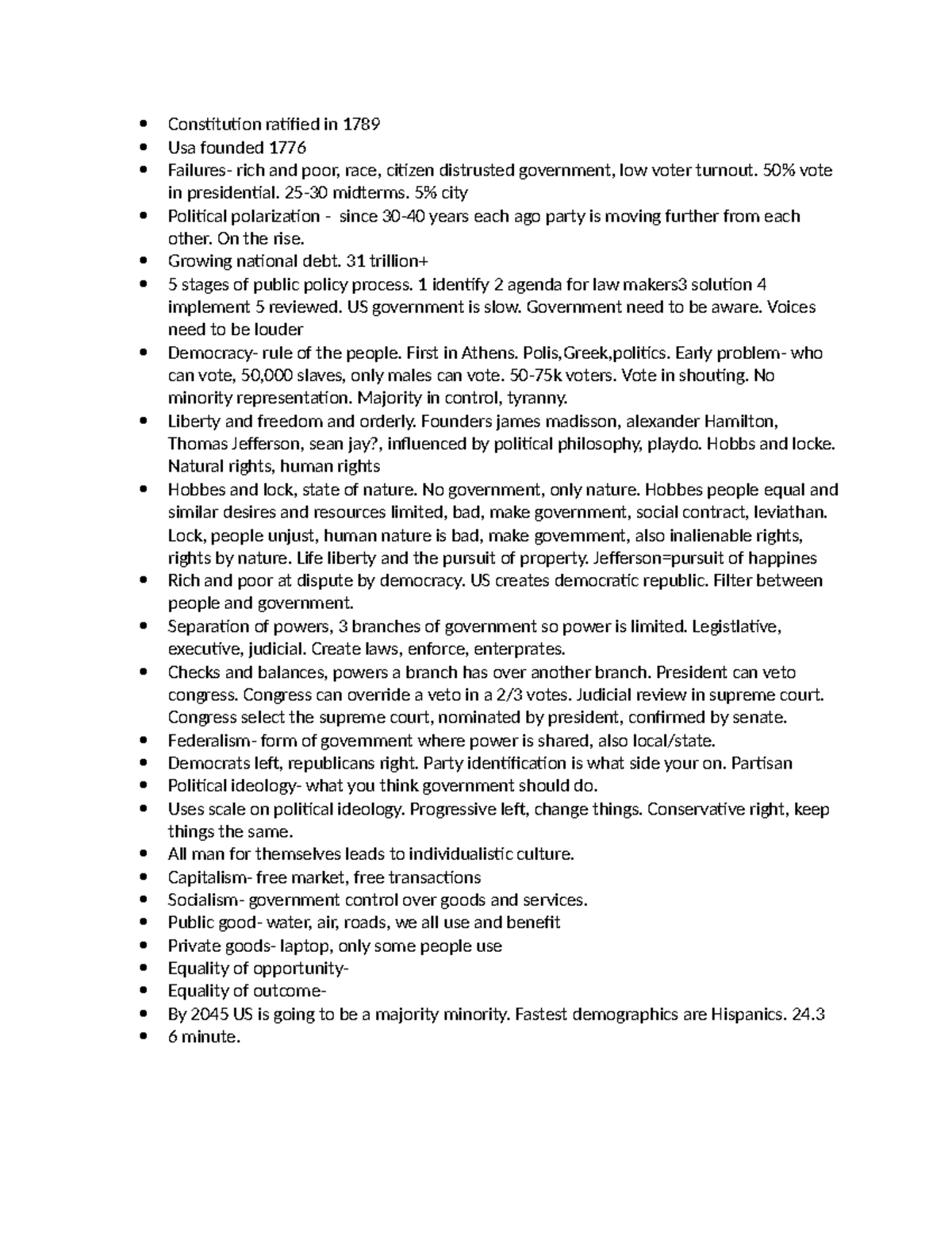 notes from lecture - Constitution ratified in 1789 Usa founded 1776 ...