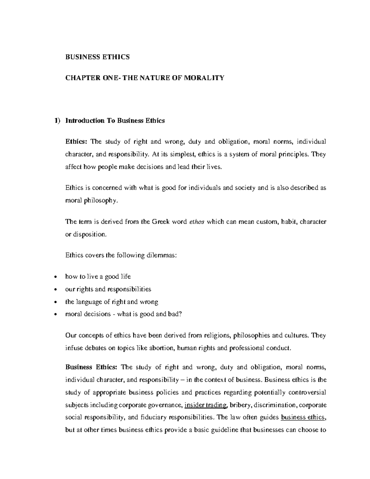 Business Ethics Notes - BUSINESS ETHICS CHAPTER ONE- THE NATURE OF ...
