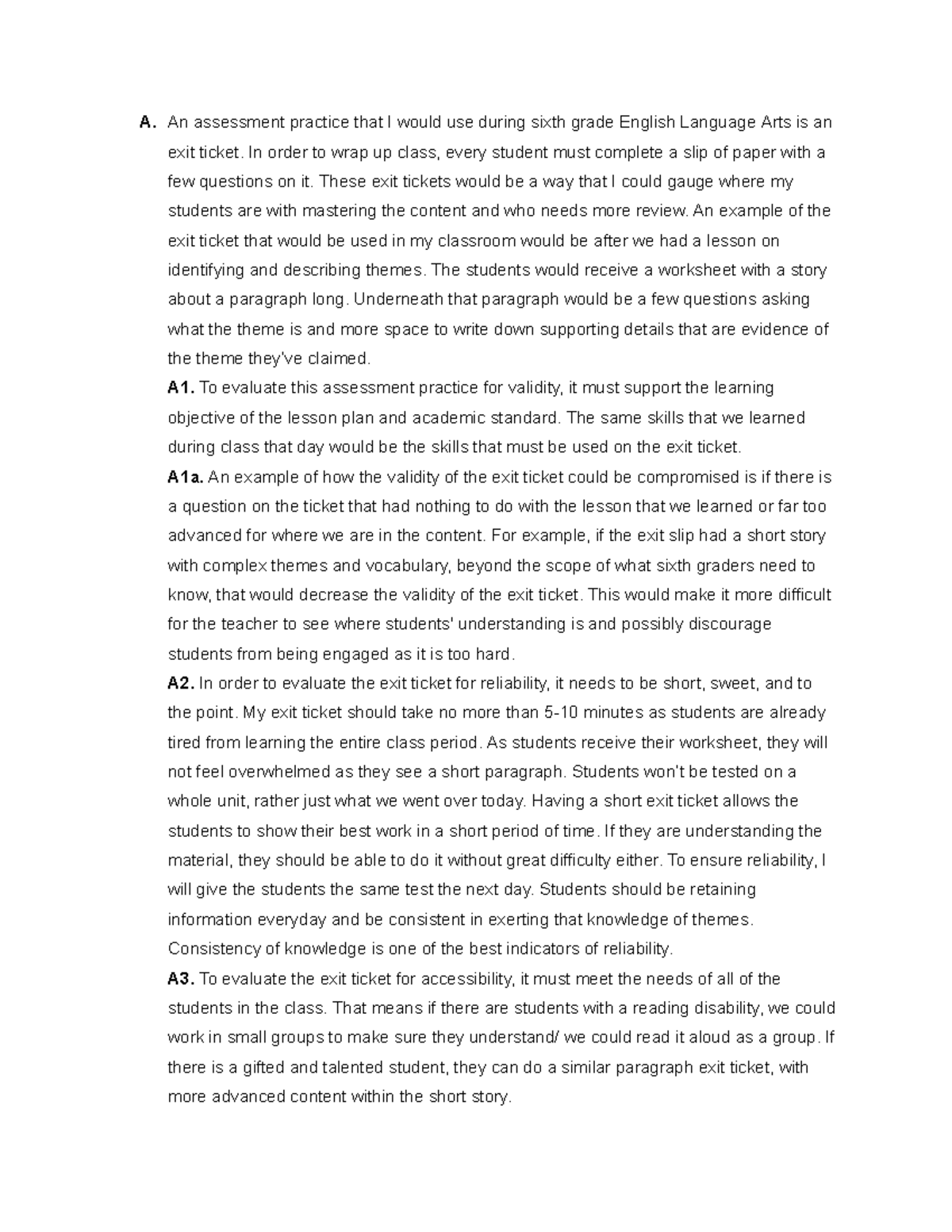 KPM4 Task 4 Performance assessment - A. An assessment practice that I would use during sixth ...