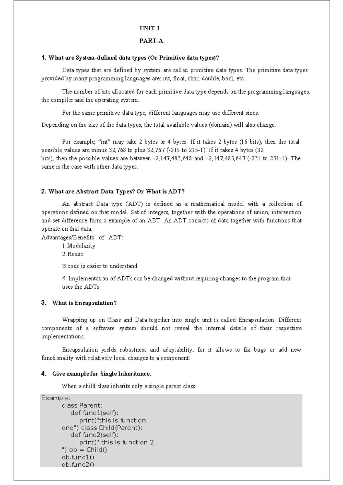 IAT-I AD3251-DSD with Answer - Example: class Parent: def func1(self): print("this is function ...