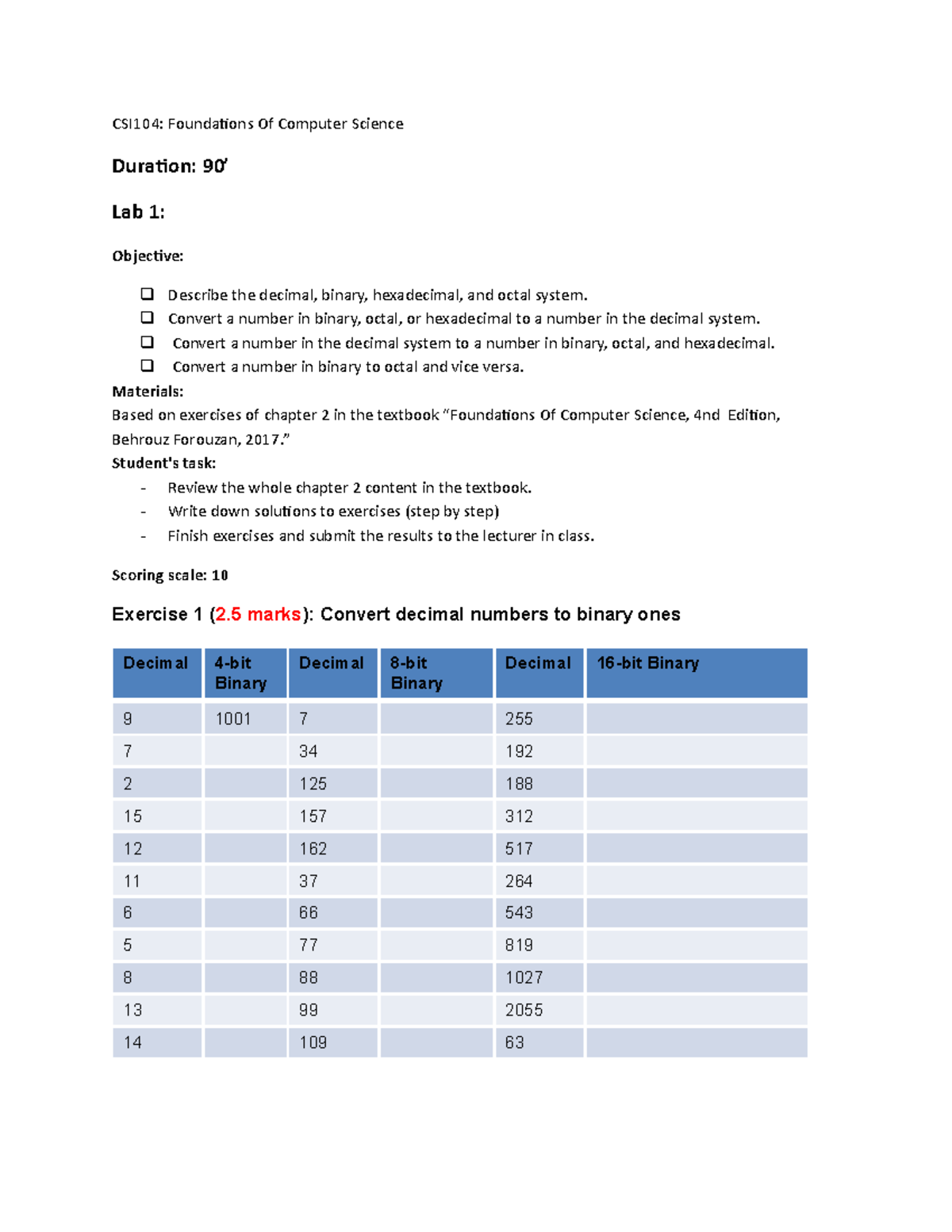 Lab 01 - ssssss - CSI104: Foundations Of Computer Science Duration: 90’ Lab 1: Objective : - Studocu