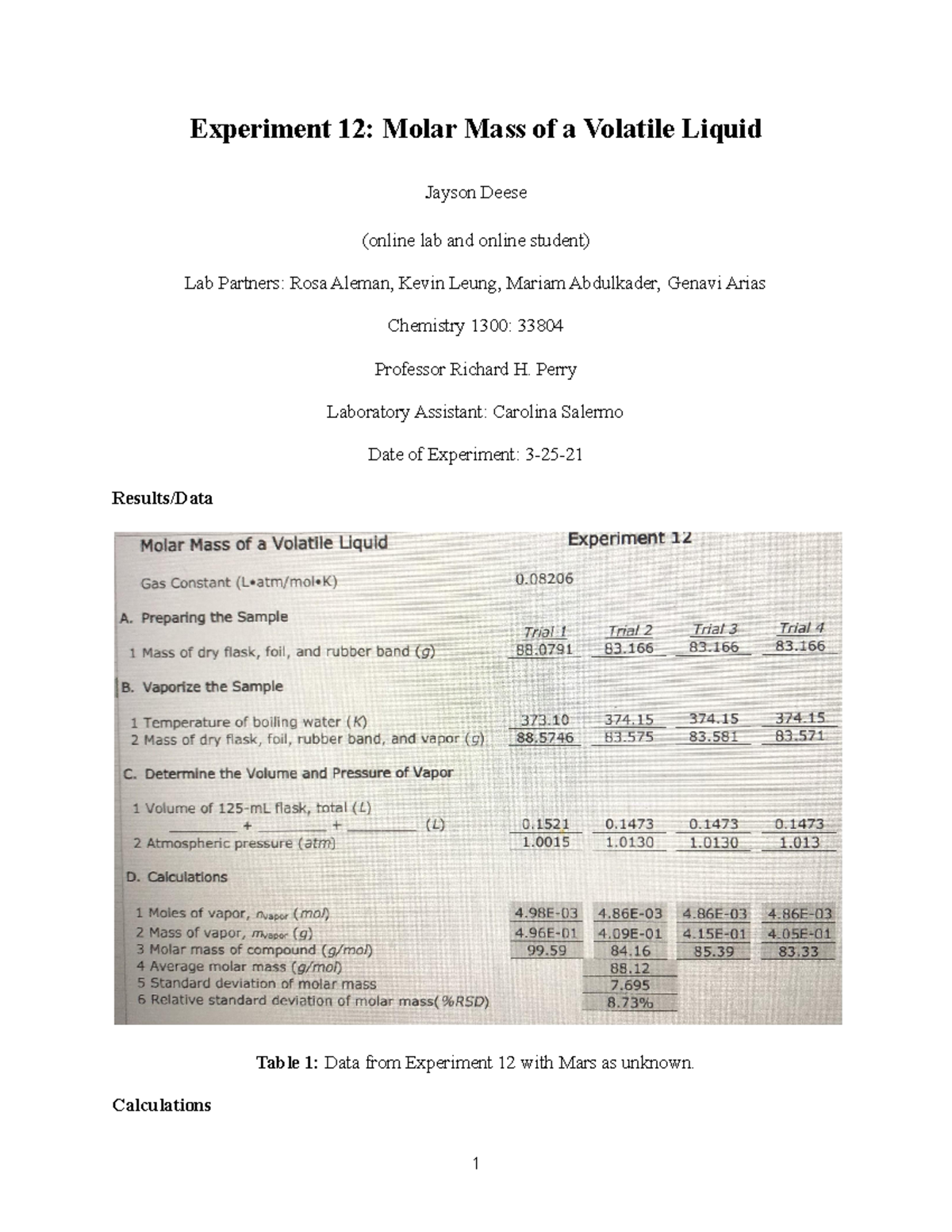 Experiment 12 for General Chemistry/Lab at NSU - Experiment 12: Molar ...