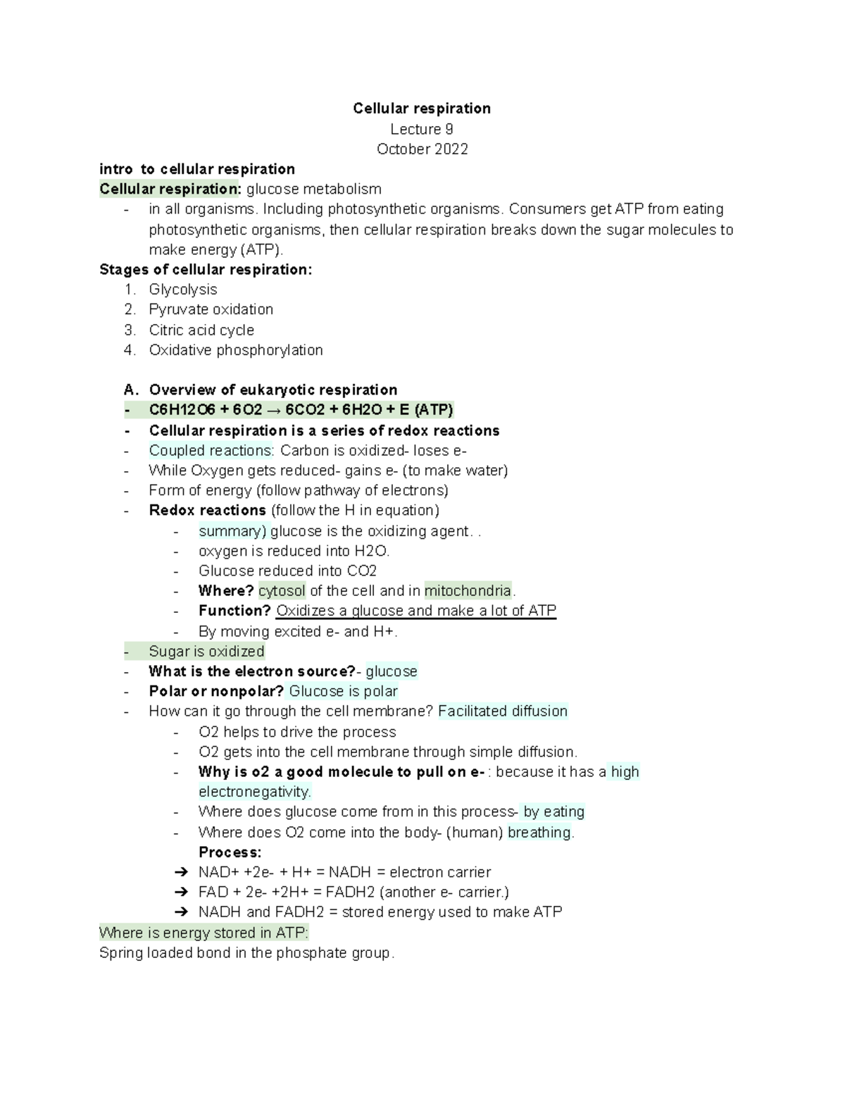 Cellular respiration - Cellular respiration Lecture 9 October 2022 ...