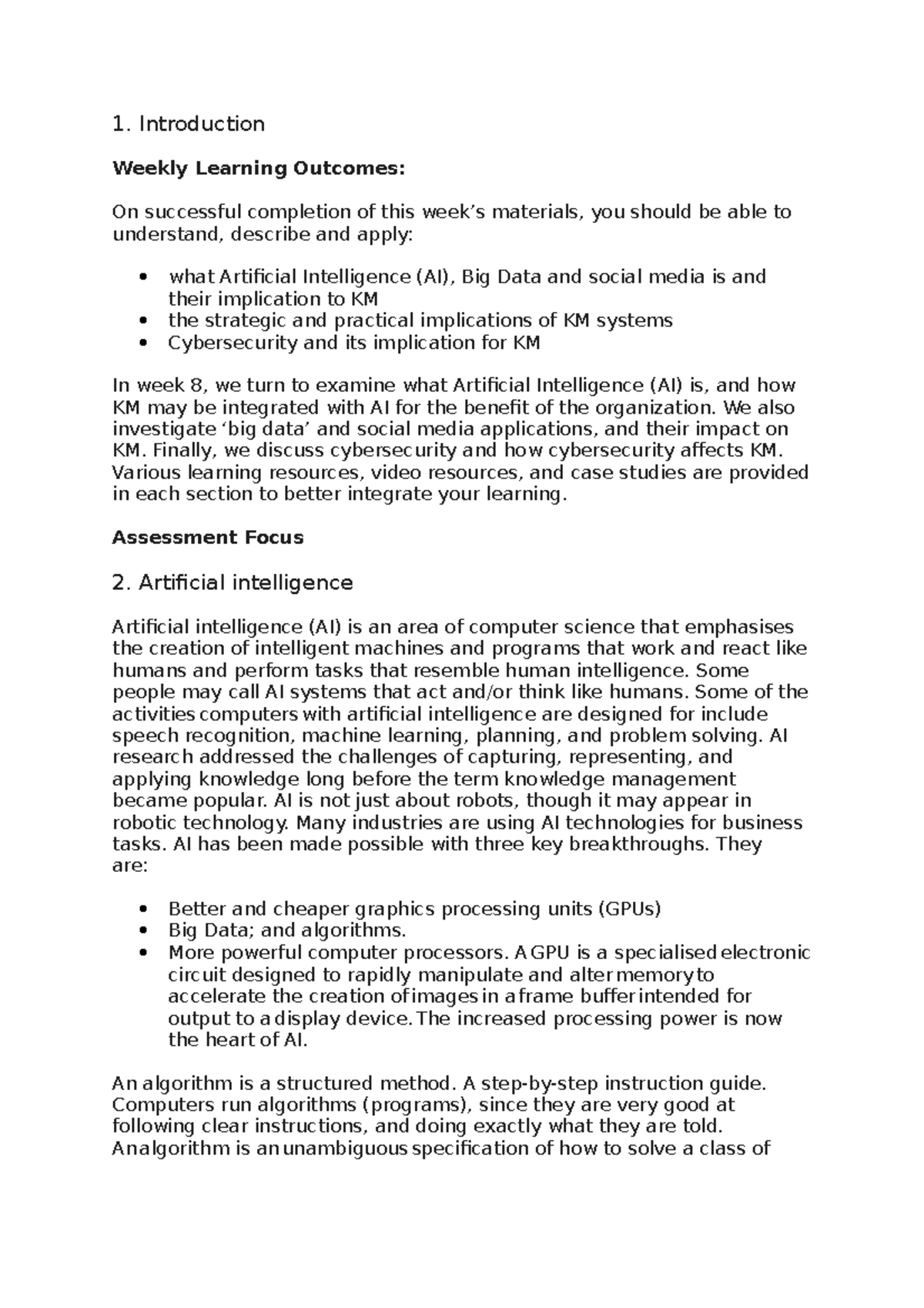 WEEK 8 Artificial Intelligence, big data, social media and ...