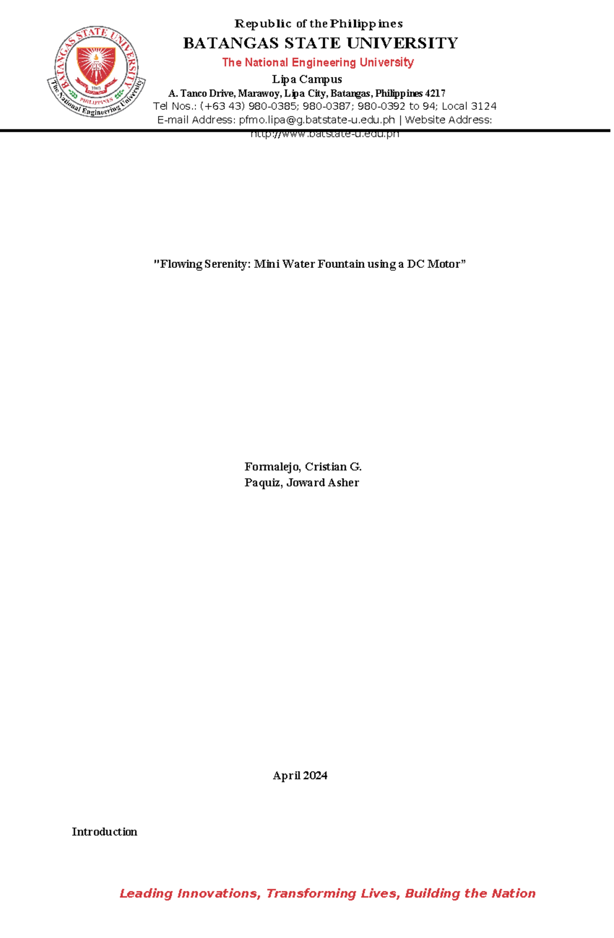 DUO- Final - BATANGAS STATE UNIVERSITY The National Engineering ...