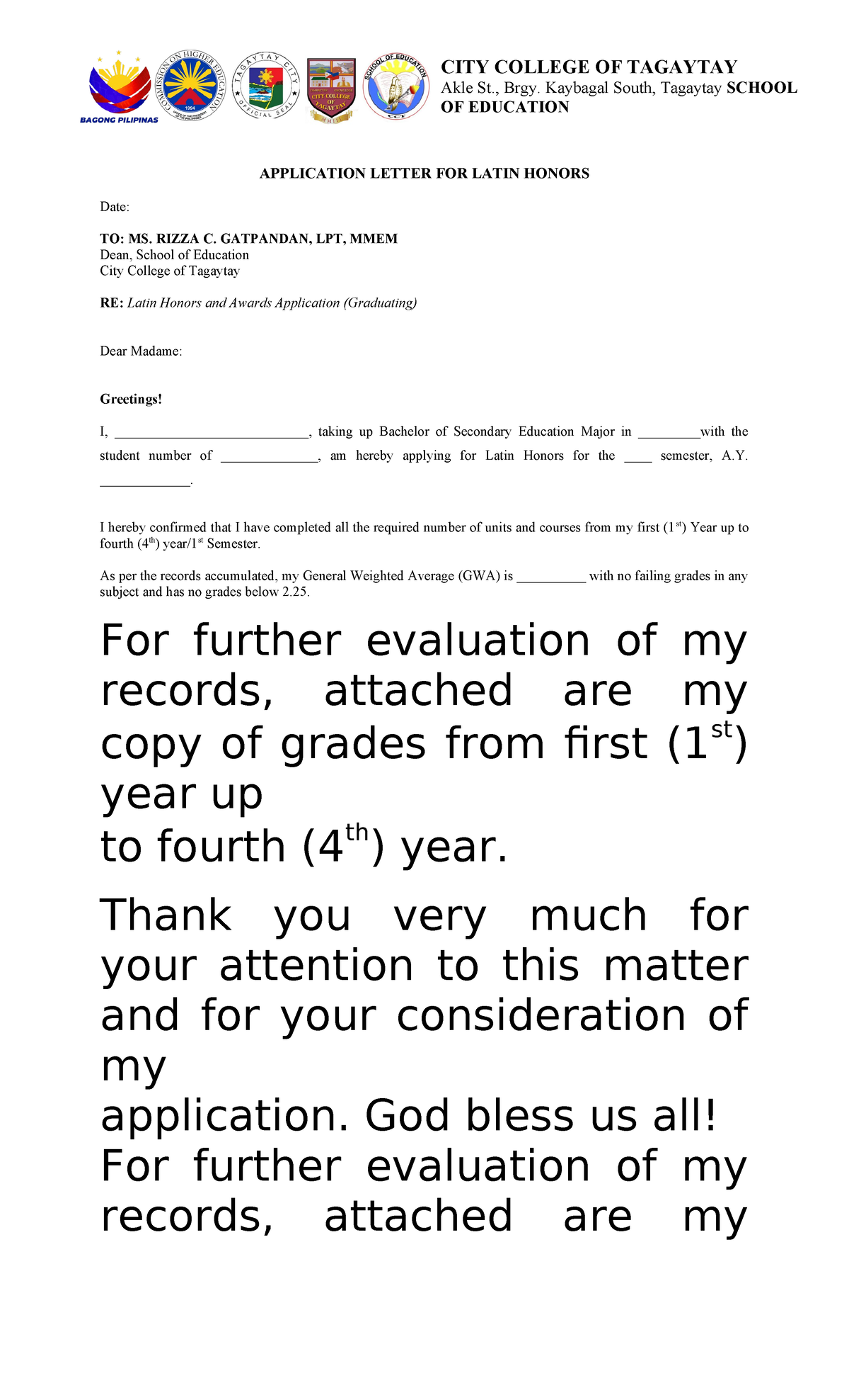 Application Letter FOR Latin Honors 4th year - CITY COLLEGE OF TAGAYTAY ...