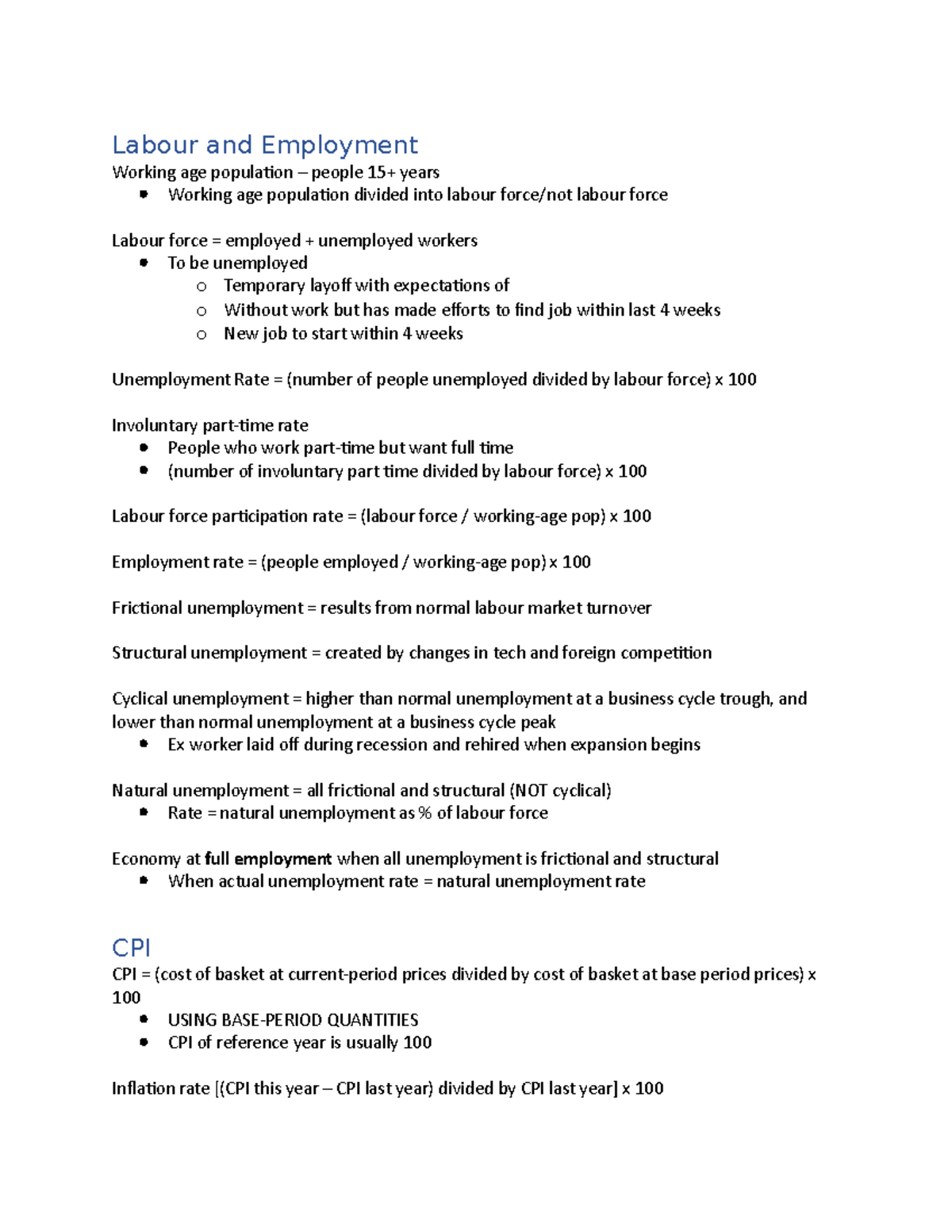 Notes for Final - Macroeconomics - Labour and Employment Working age ...