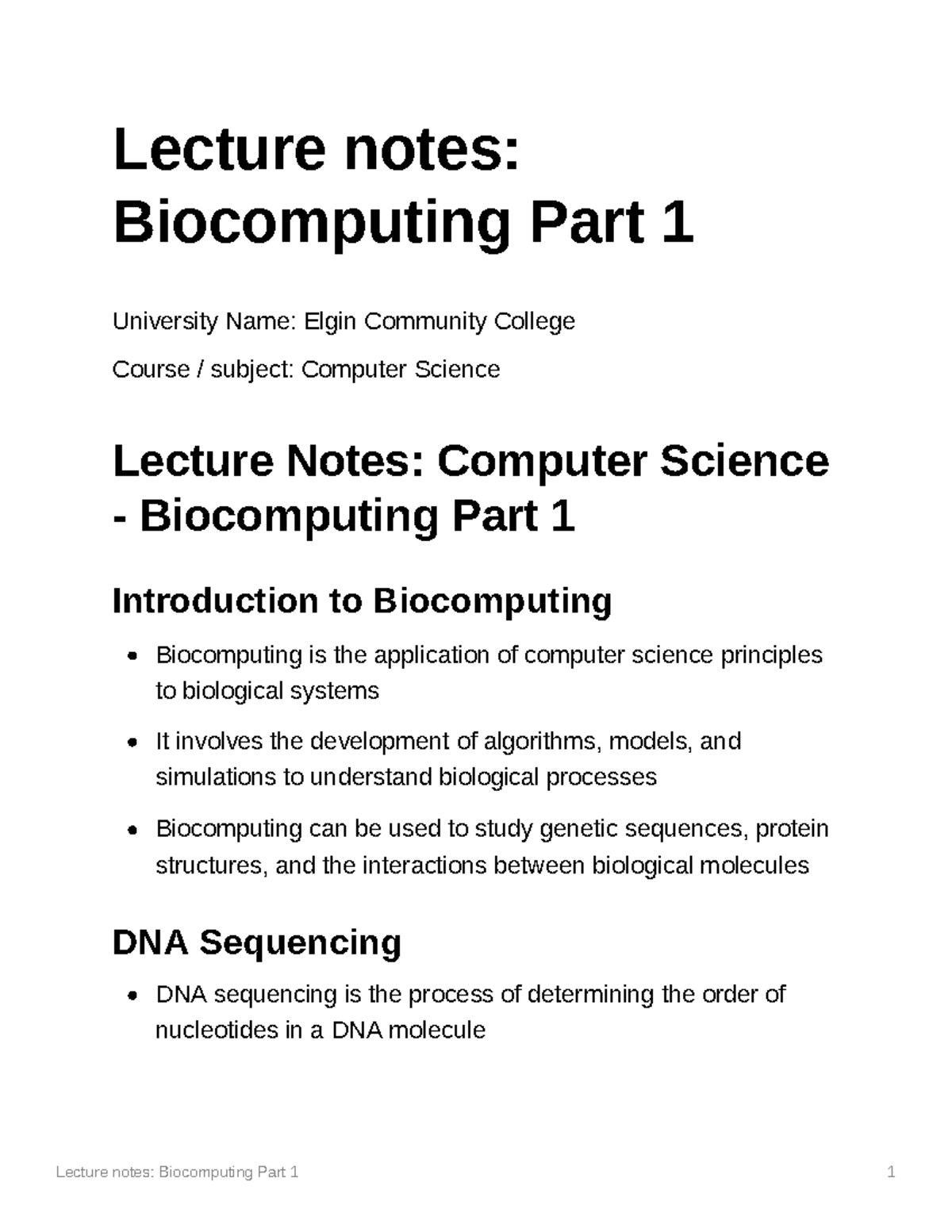 Lecture notes Biocomputing Part 1 - Lecture notes: Biocomputing Part 1 ...