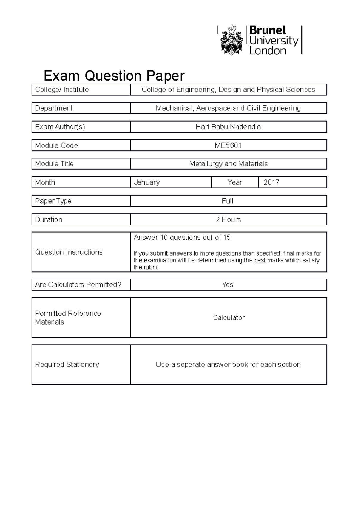 Exam 1 May 2017, questions - Exam Question Paper College/ Institute ...