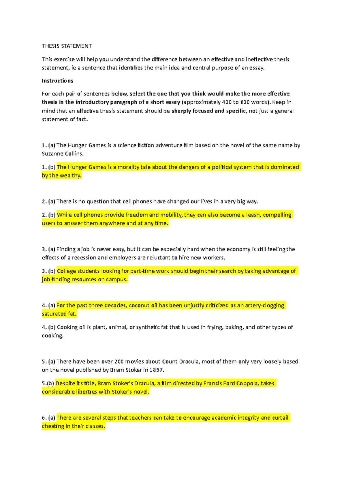 Thesis Statement exercise Questions on Thesis Statement - THESIS ...