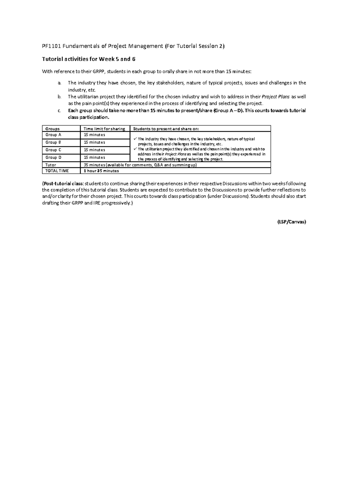 10. Tutorial Activities for Session 2 (Week 5 and 6) - PF1101 Fundamentals of Project Management ...