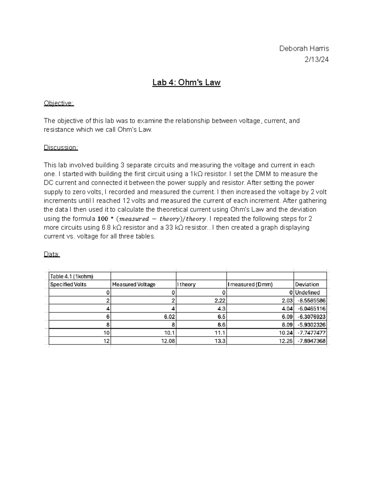 Lab C - Fiore DC Circuits - Deborah Harris 2/13/ Lab 4: Ohm's Law ...