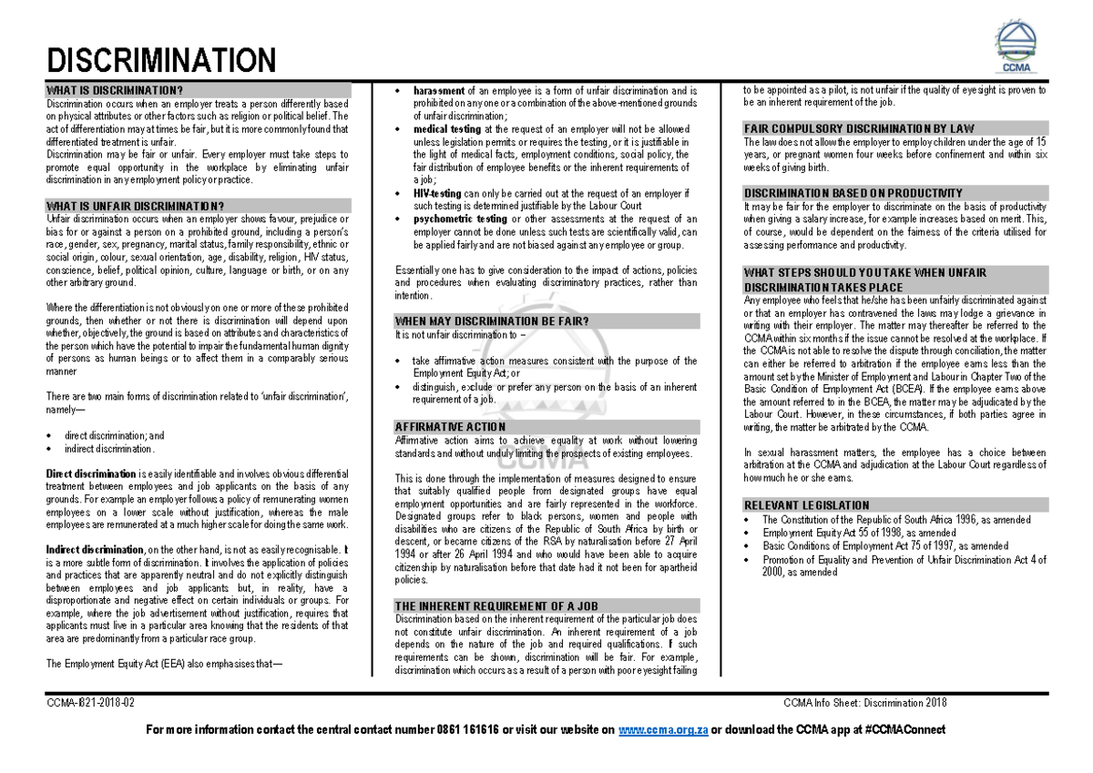 Discrimination Info Sheet 2018-02 - DISCRIMINATION CCMA-I821- 2018 - 02 ...