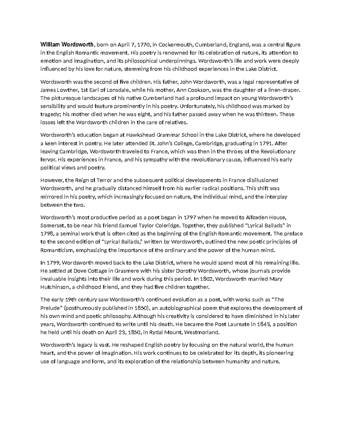 William Wordsworth - this notes about the Romantic poets in 19th ...