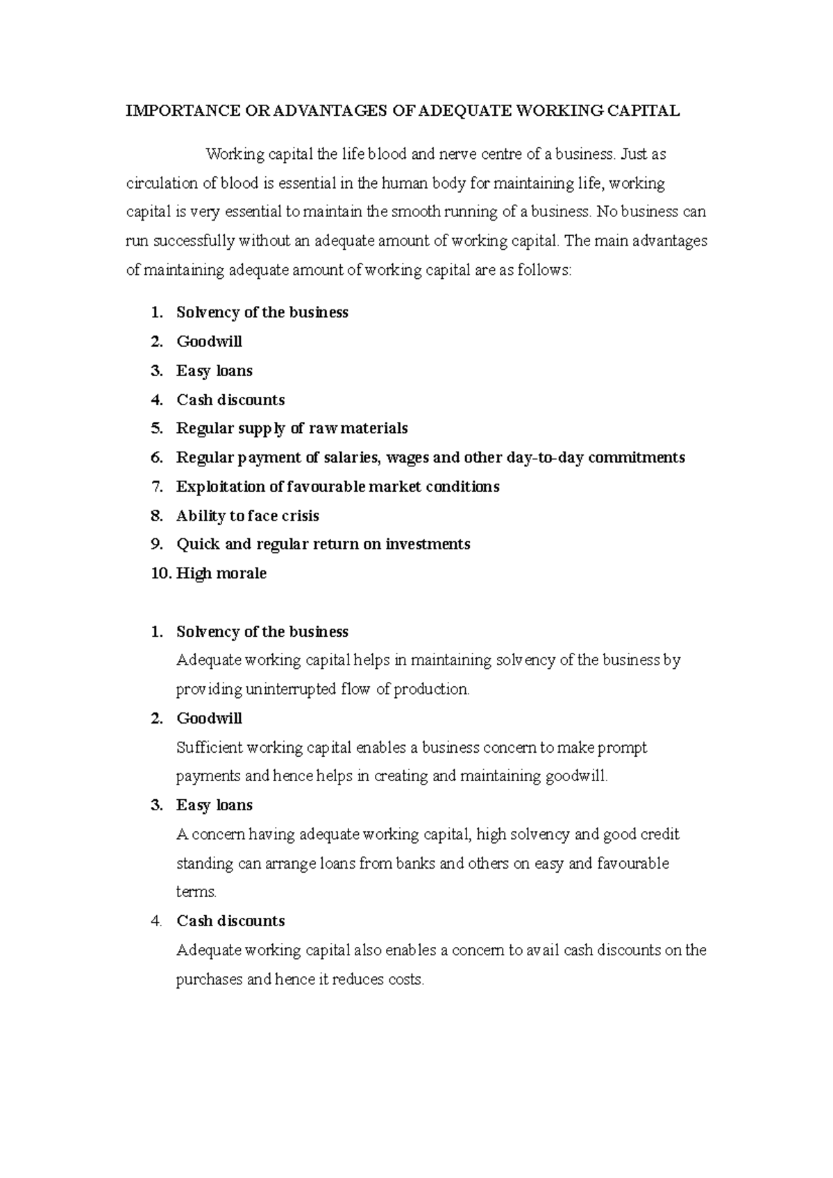 Importance OR Advantages OF Adequate Working Capit - IMPORTANCE OR ...