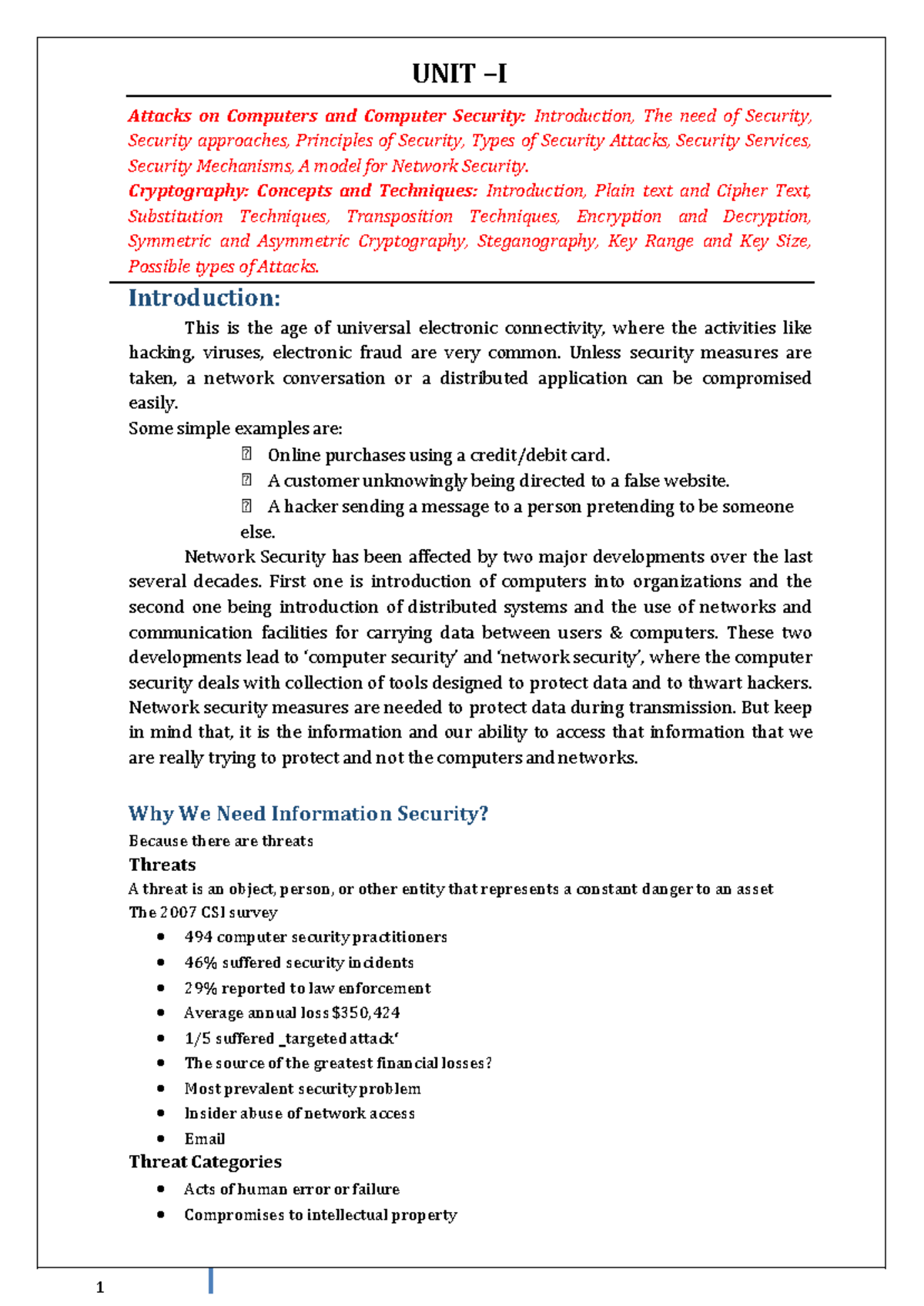ISS Unit 1 - Unit 1 Notes - UNIT – I Attacks on Computers and Computer ...
