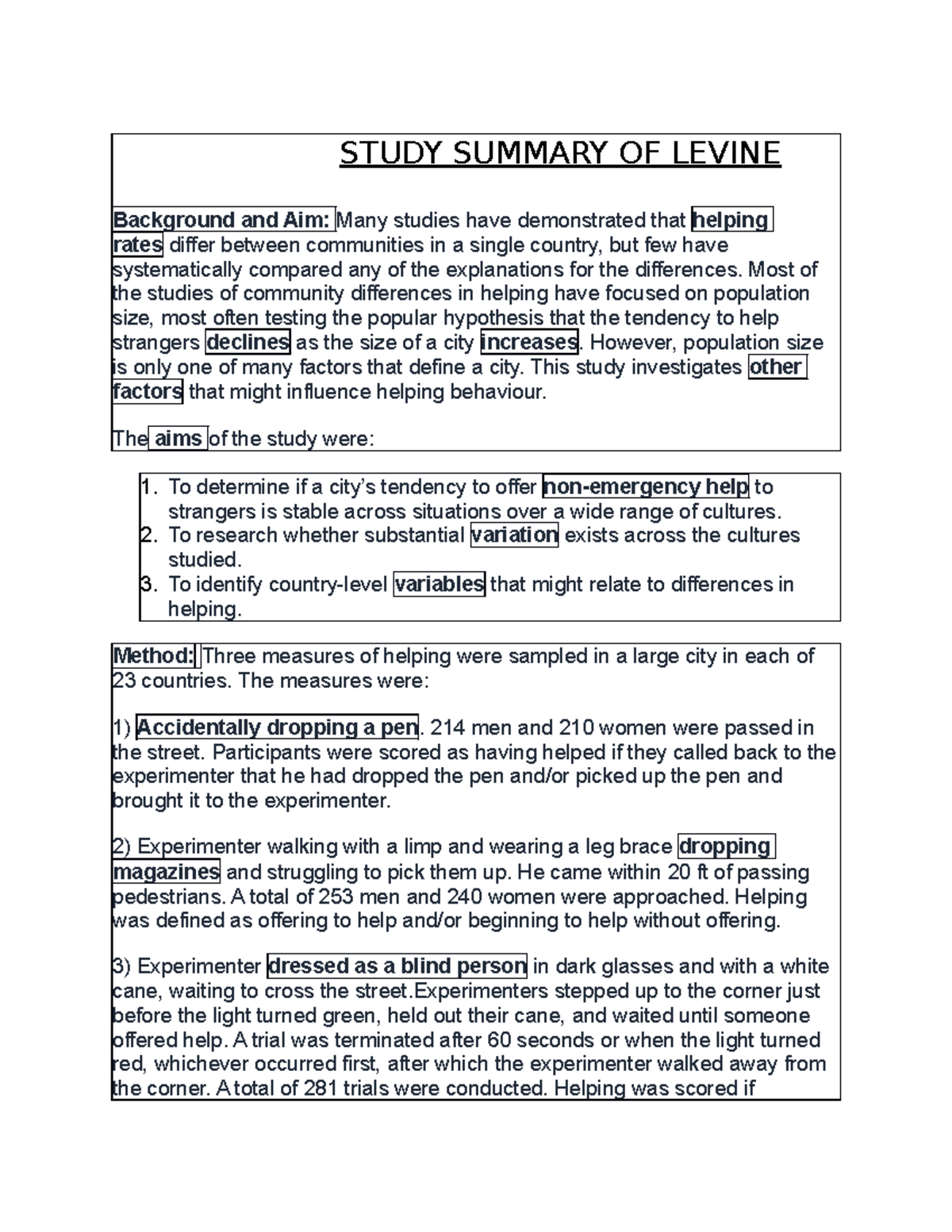 Study Summary OF Levine - STUDY SUMMARY OF LEVINE Background and Aim ...