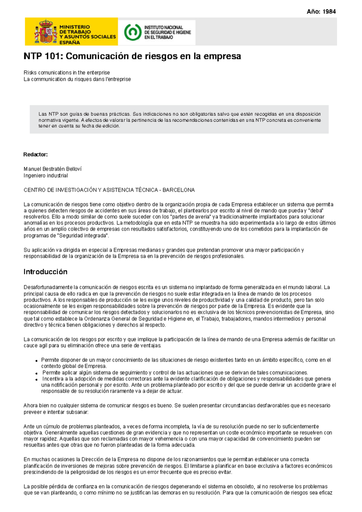Ntp 101 - NTP - NTP 101: Comunicación de riesgos en la empresa Risks comunications in the ...