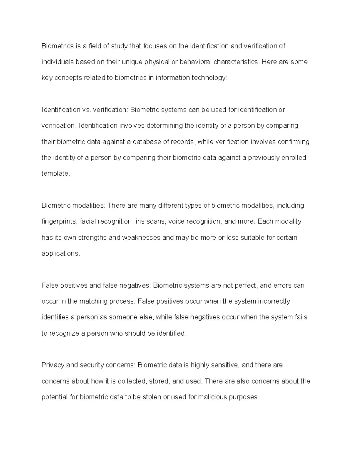 Biometrics answer key - Biometrics is a field of study that focuses on ...