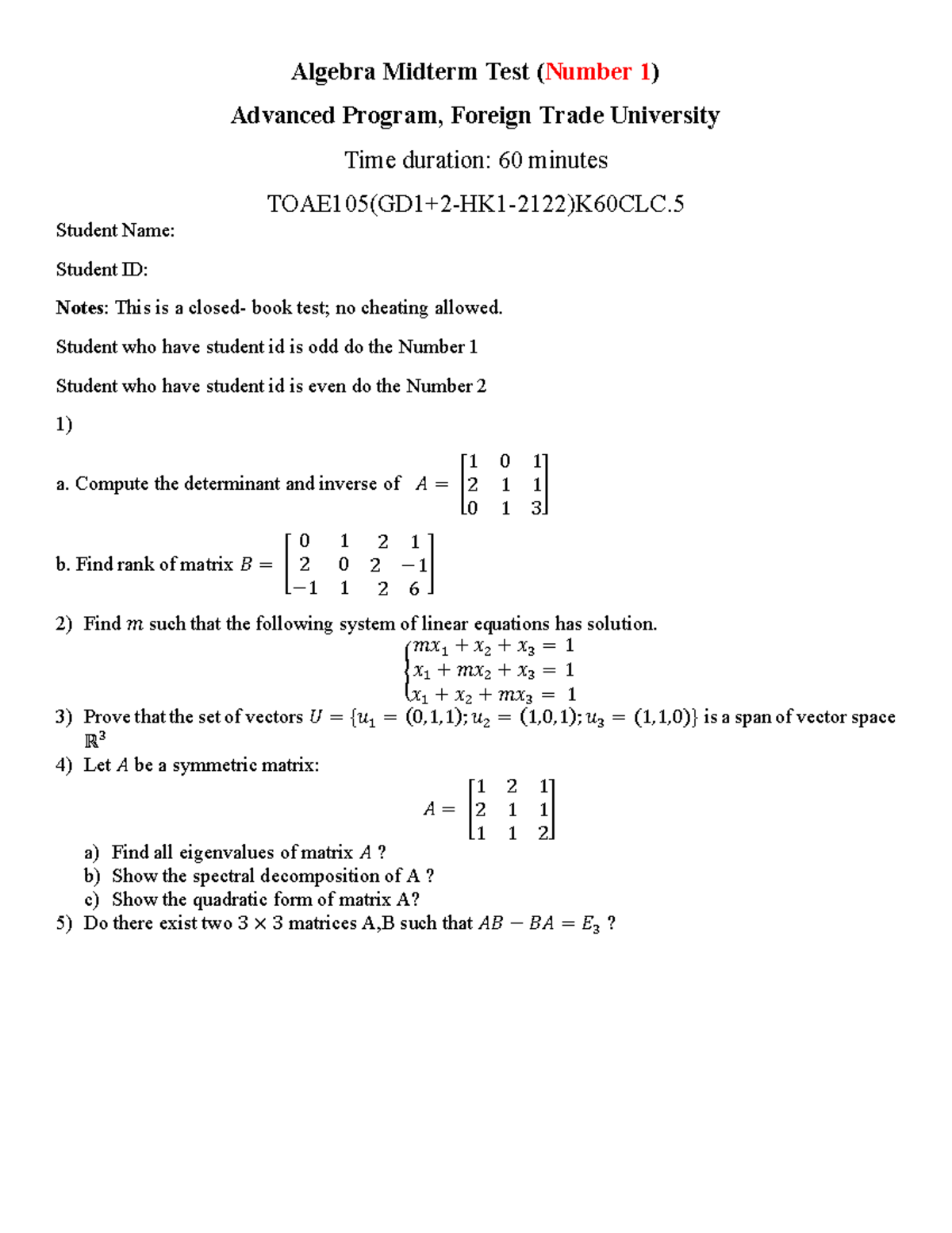 Midterm test for advanced maths - Algebra Midterm Test (Number 1 ...