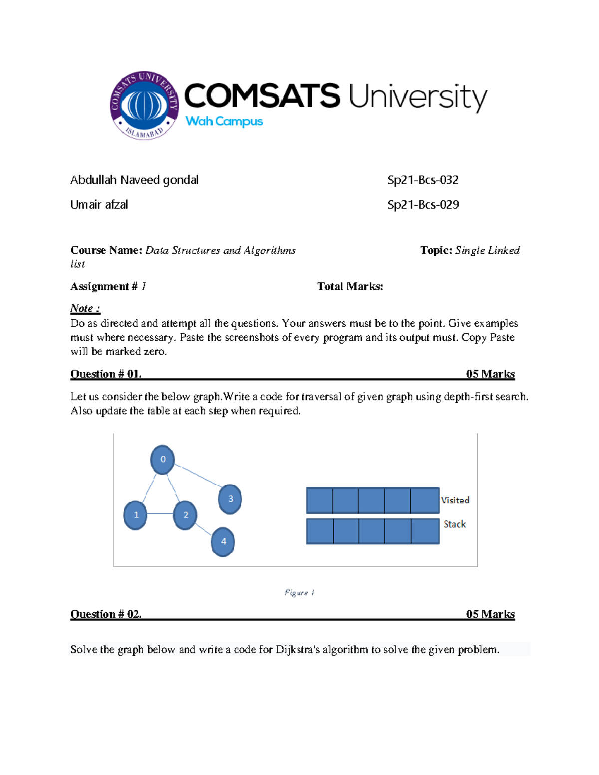 Dsa Assignment 4 Abdullah Naveed Gondal Sp21 Bcs Umair Afzal Sp21 Bcs Course Name Data 