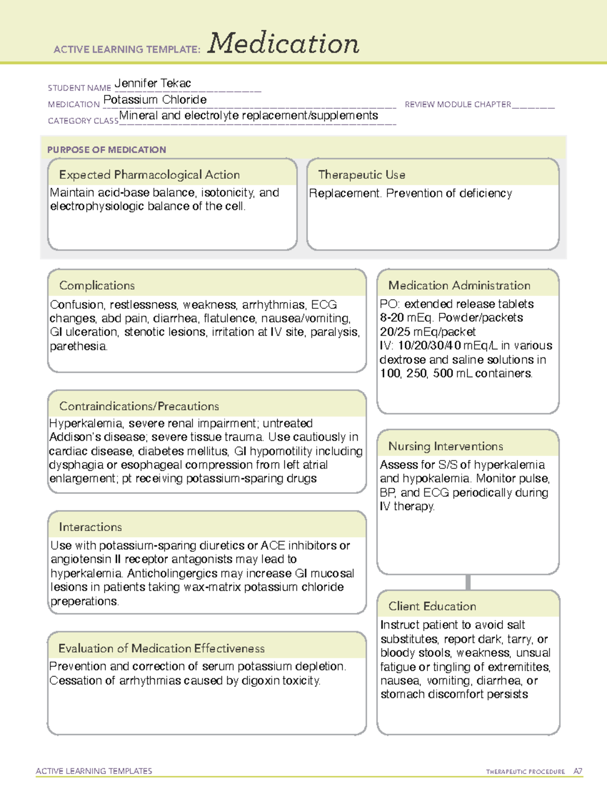 Medication Potassium Chloride - ACTIVE LEARNING TEMPLATES THERAPEUTIC ...