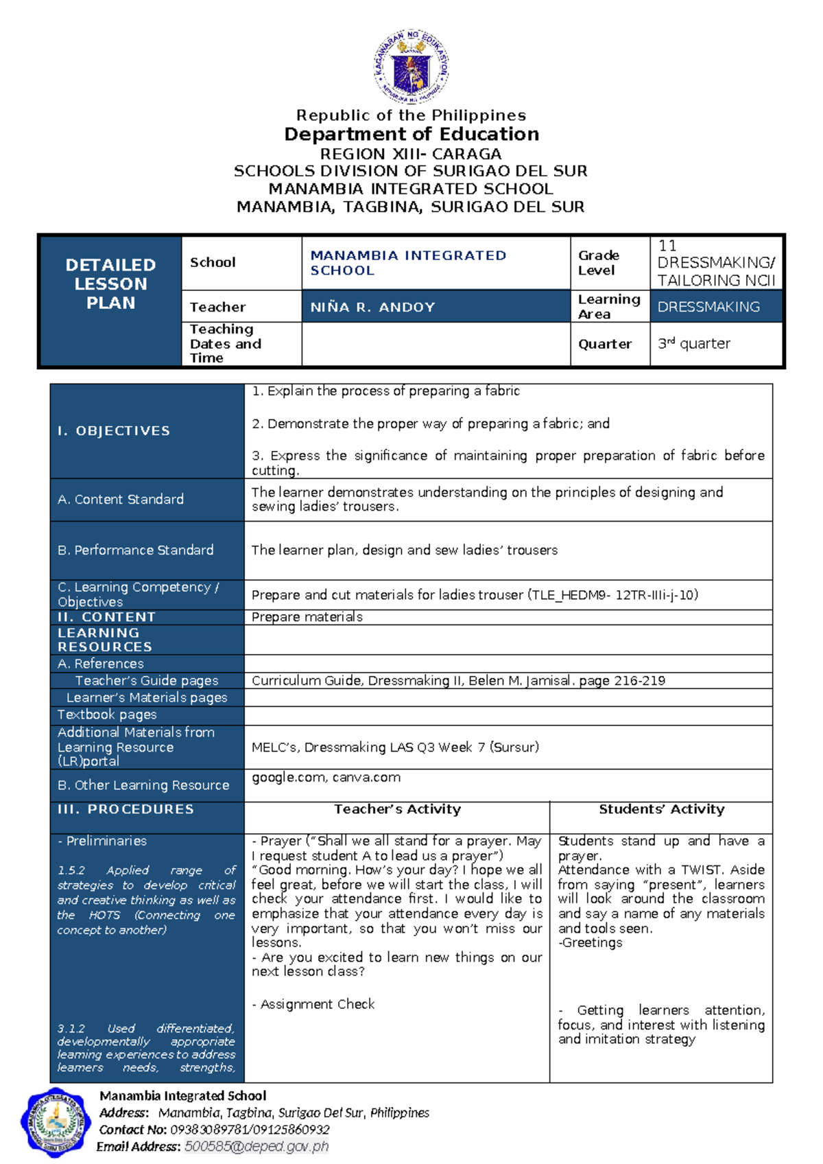 Lp-3rd-dressmaking - LESSON PLAN - Department of Education REGION XIII ...
