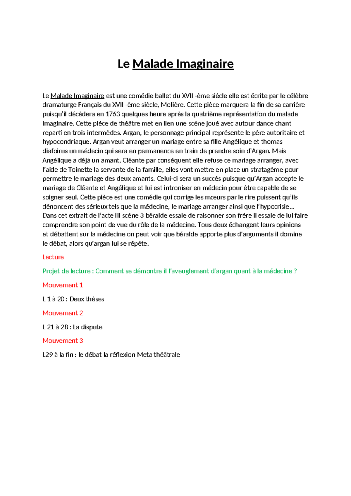 étude linéaire Malade Imaginaire première bac de français - Le Malade ...