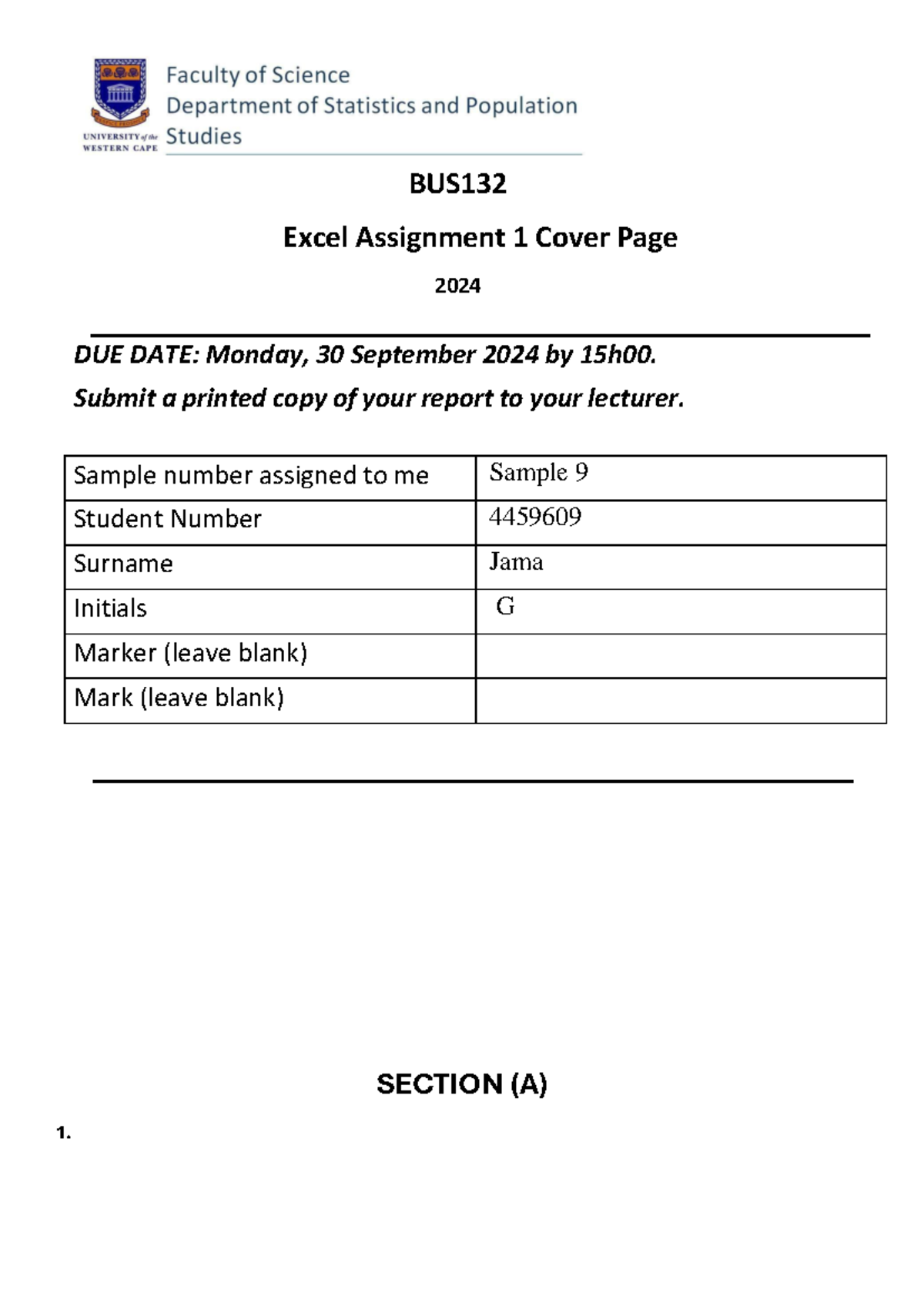 BUS Assignment (4459609) - BUS Excel Assignment 1 Cover Page 2024 DUE ...