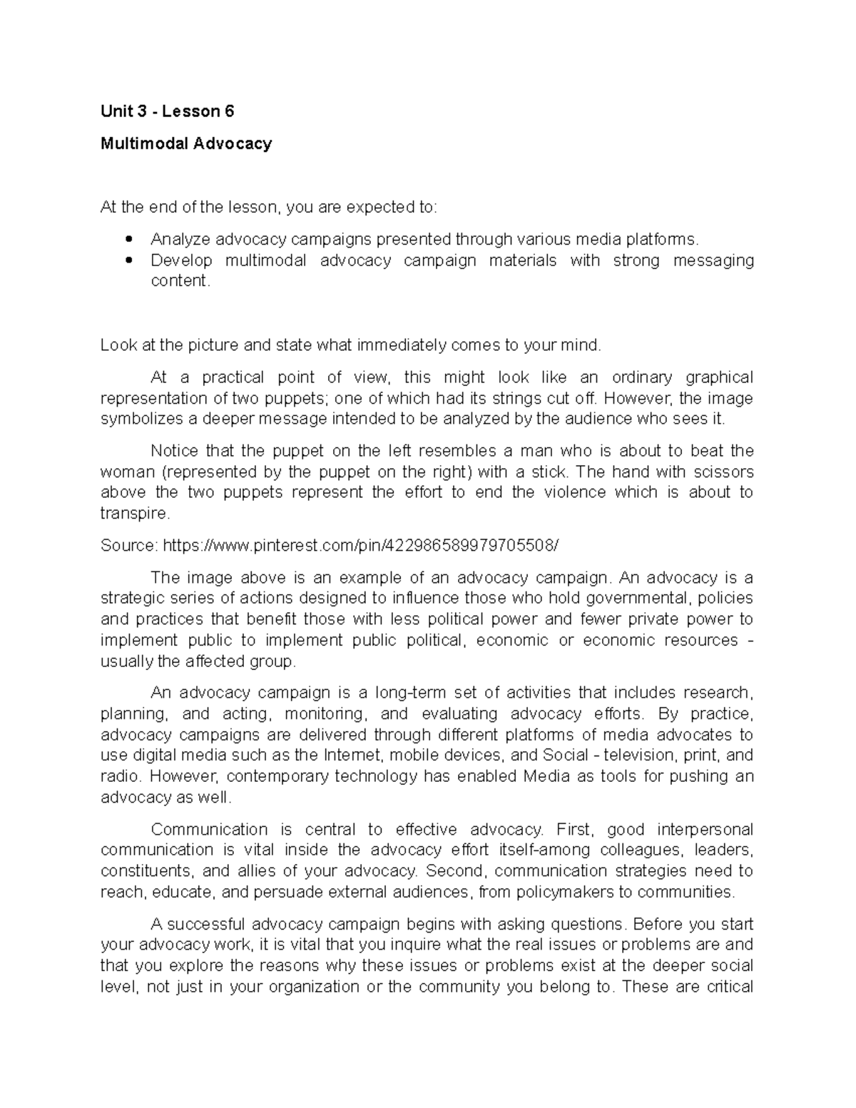 Multimodal Advocacy - Unit 3 - Lesson 6 Multimodal Advocacy At the end ...