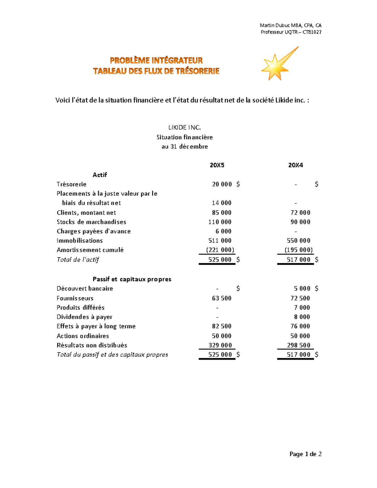 Probleme Integrateur - Tableau des flux de tresorerie - Societe Likide ...