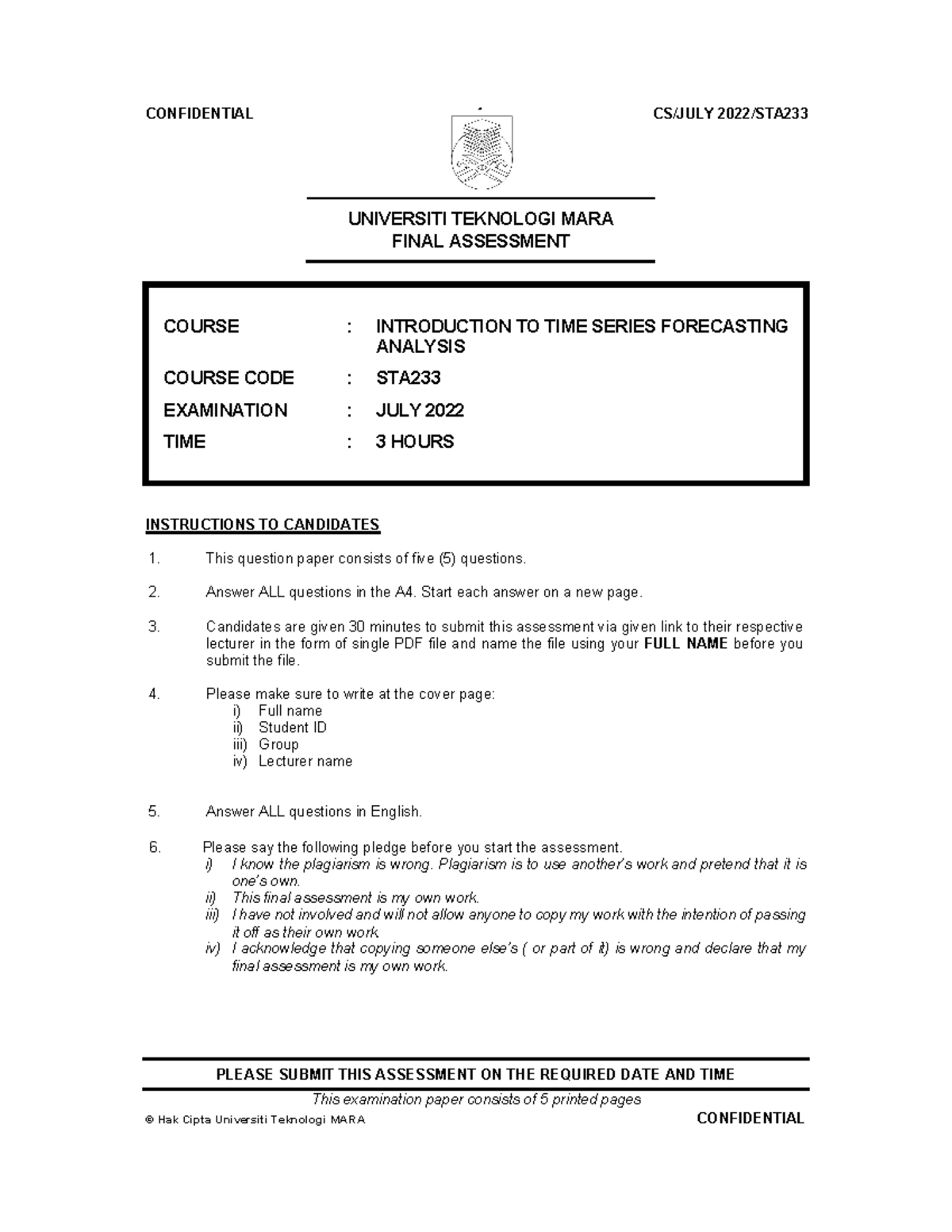 STA233 JUL22 - PAST YEAR QUESTION - UNIVERSITI TEKNOLOGI MARA FINAL ASSESSMENT COURSE ...