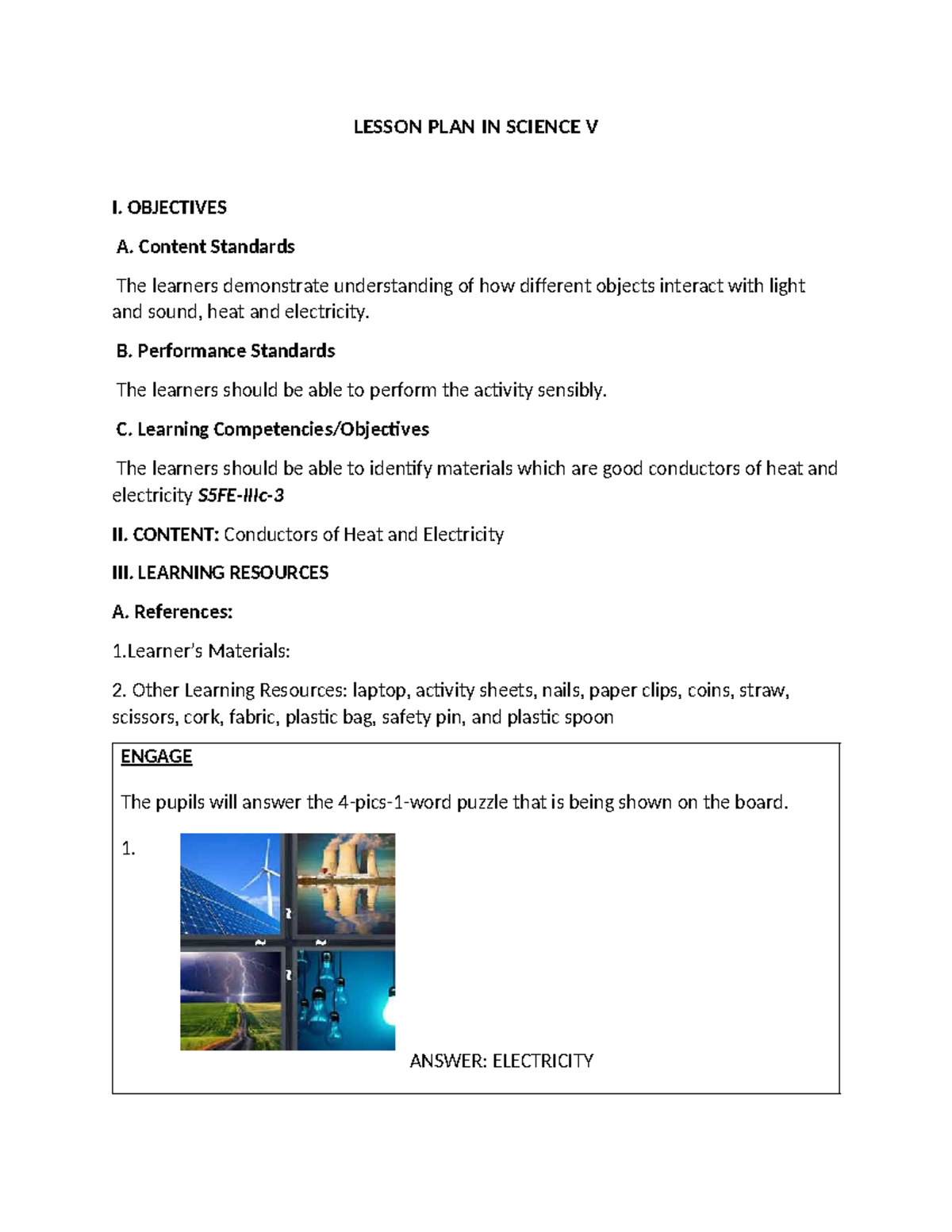 Lesson PLAN IN Science V - LESSON PLAN IN SCIENCE V I. OBJECTIVES A ...