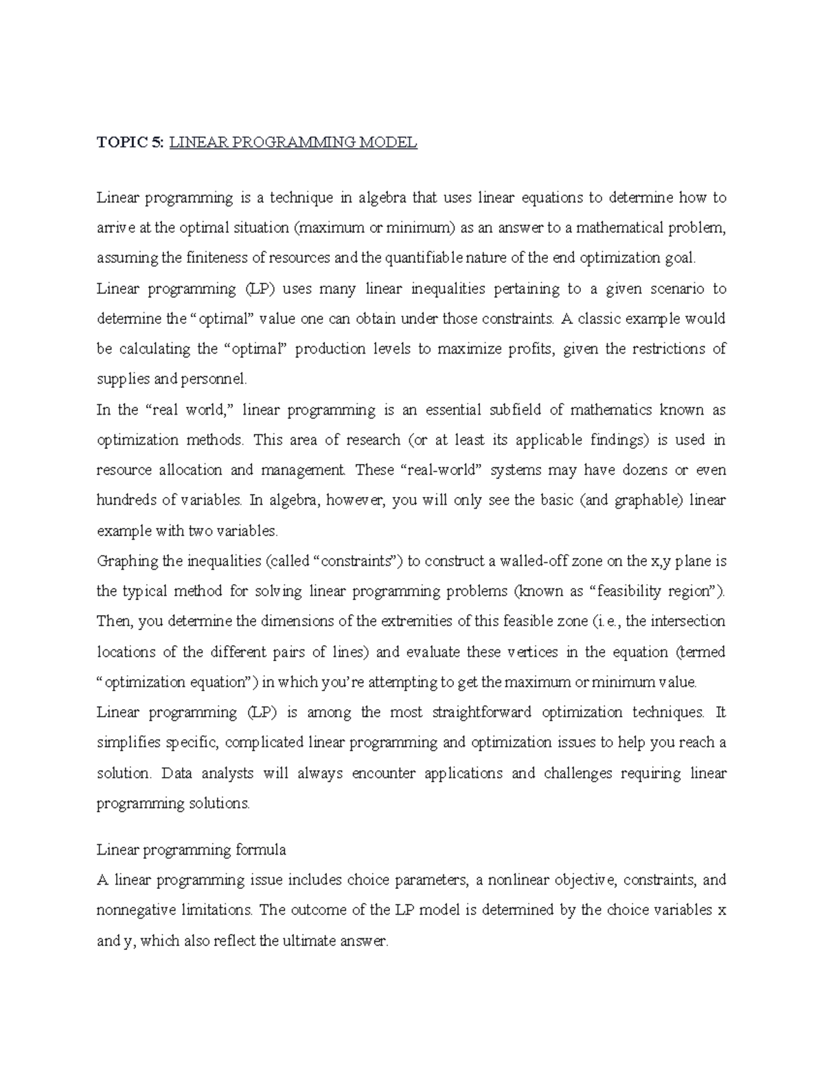 Topic 5 Linear Programming Model Topic 5 Linear Programming Model