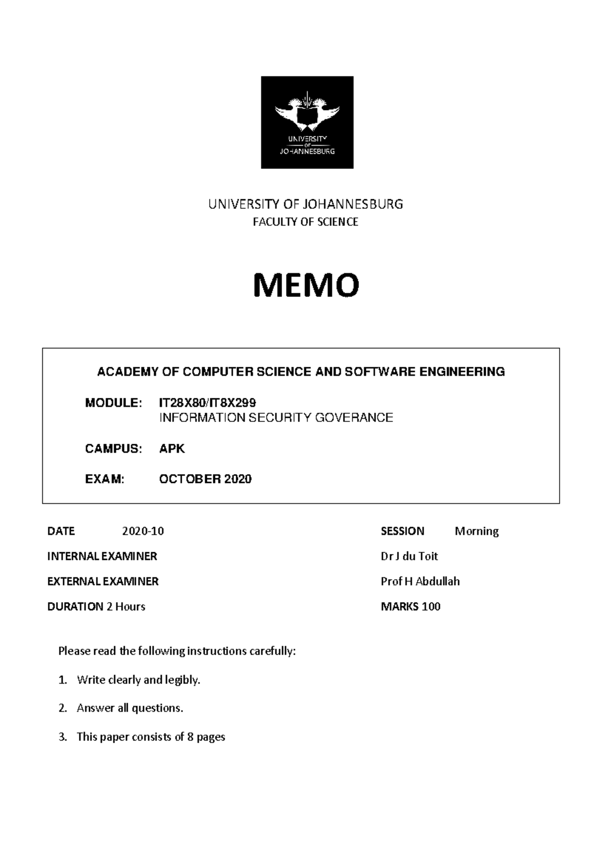 IT28X80 2020 Exam Memo - Acsse IT28X80 EXAM 2020 Memo - UNIVERSITY OF ...