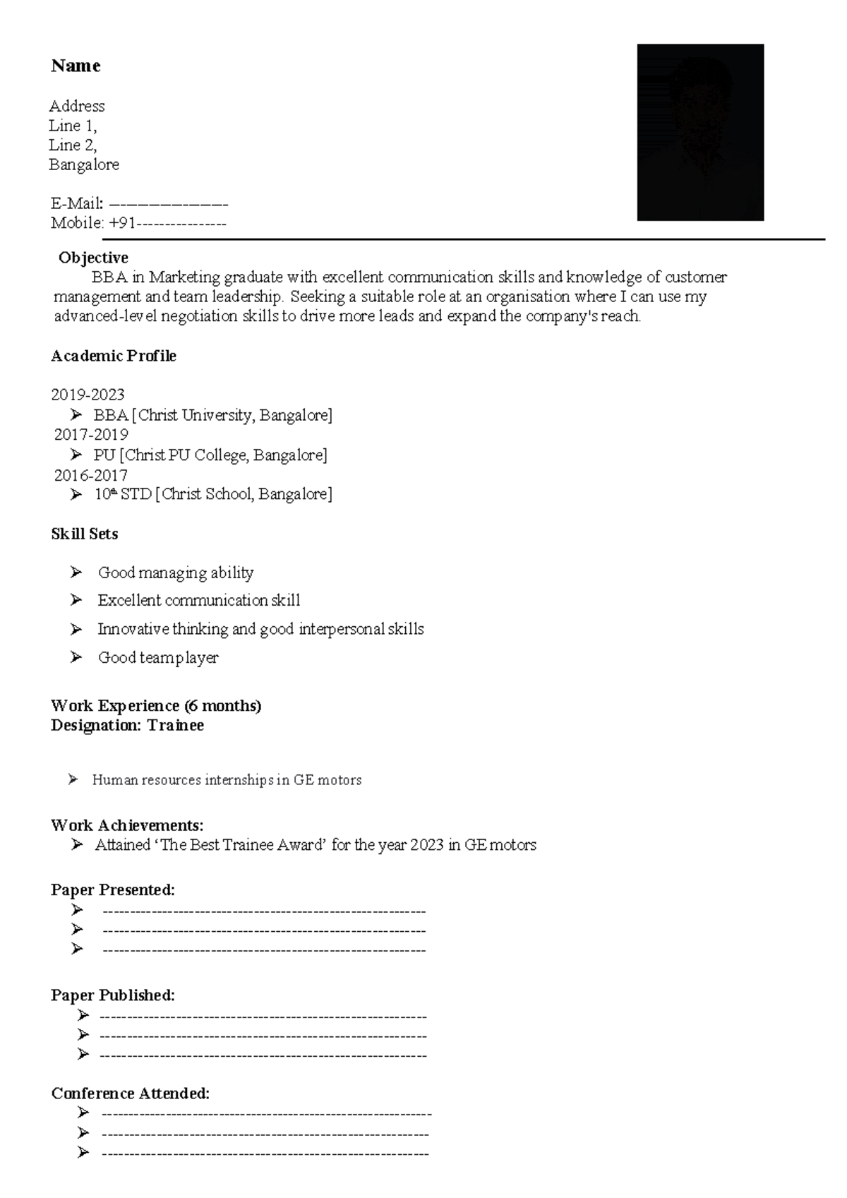 Resume CIA 3 Mandatory - Name Address Line 1, Line 2, Bangalore E-Mail ...